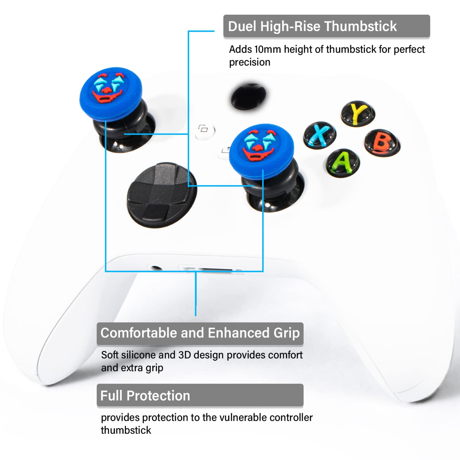 Playrealm FPS Thumbstick Extender &Texture Rubber Silicone Grip Cover 2 Sets for Xbox Series X/S & Xbox One Controller(Joker Blue)