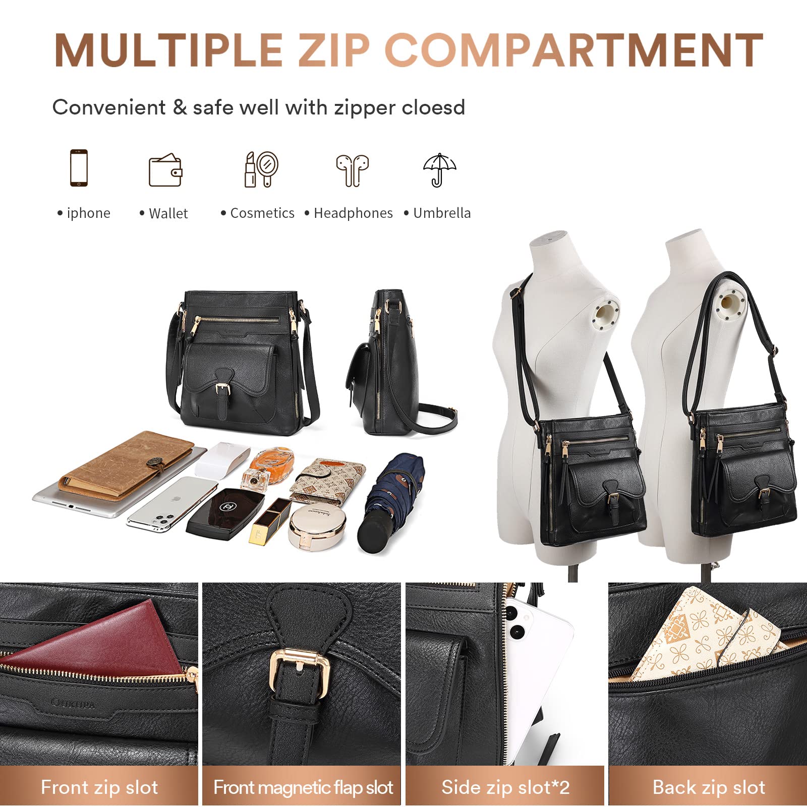 RICH LEAF Women Crossbody Bag Shoulder Handbags Purse Long Over Strap Tassel Multiple Pockets Lightweight Black