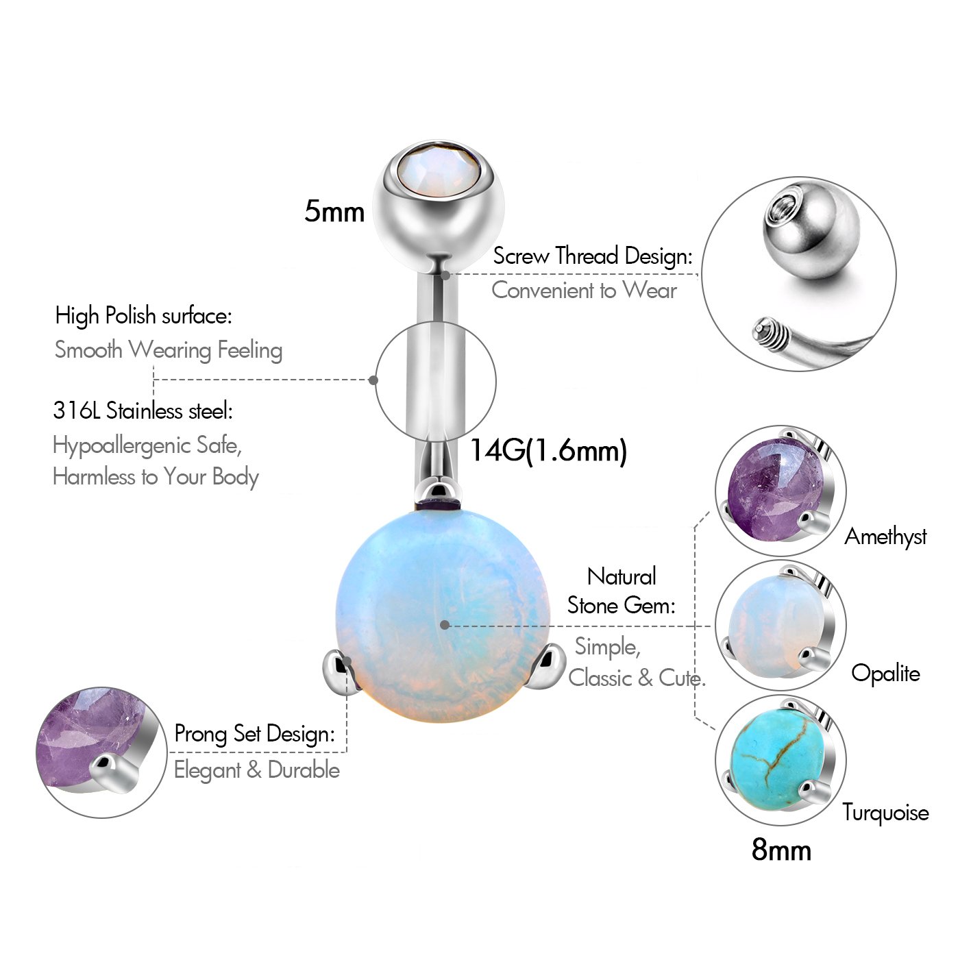 OUFER 3PCS Stone Belly Button Ring 316L Surgical Steel Curved Navel Barbell Body Piercing 14G (1.6mm)