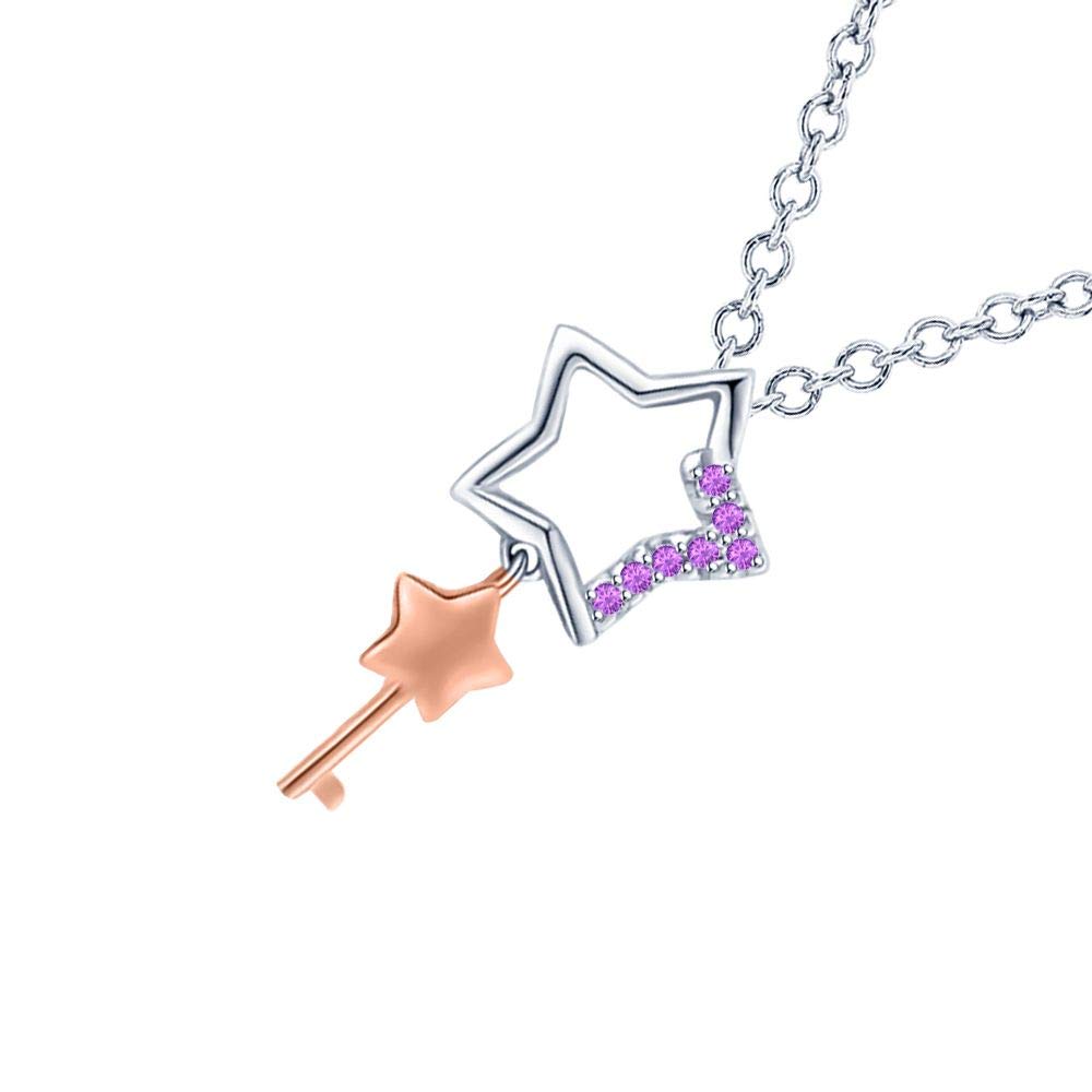 RUDRAFASHION Round Cut Two Tone Amethyst 14k White & Rose Gold Plated Star Pendant with Star Shiny Key Charm.