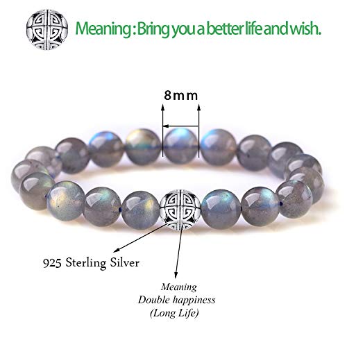 Natural 8mm Gorgeous Men Women Semi-Precious Gemstones Healing Crystal Stretch Beaded Bracelet Unisex Bangle with 925 Sterling Silver Double Happiness Pendant (Labradorite)