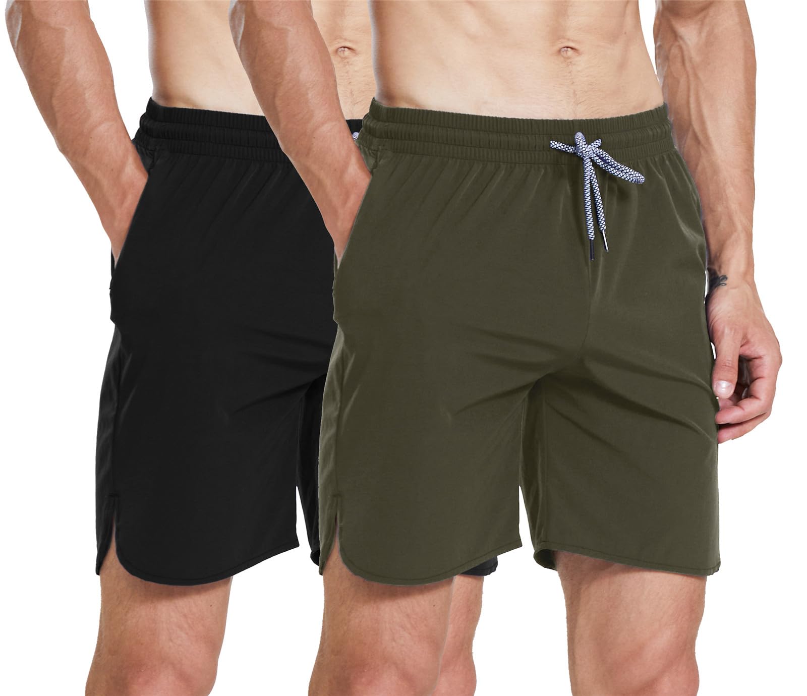Oelise Men's 2 Pack Gym Shorts Running Jogger Quick Dry Athletic Bodybuilding Pants with Pockets Black and Olive Green L