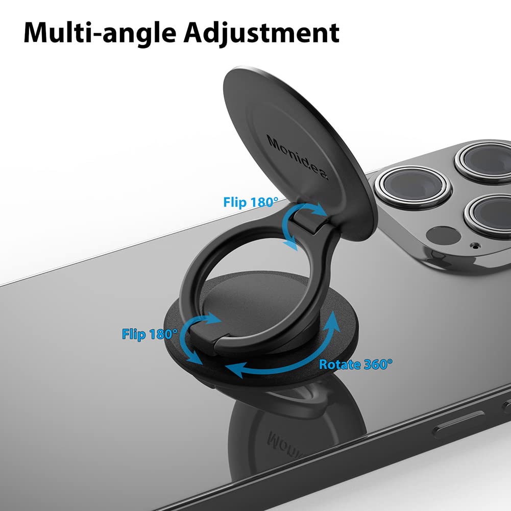 MonIdea Phone Grip Holder, Phone Ring Holder Finger Kickstand, Foldable & Adjustable Metal Cell Phone Rings Gripper Stand Work with Magnetic Car Mount for iPhone Samsung &Other Phones - Black Seashell