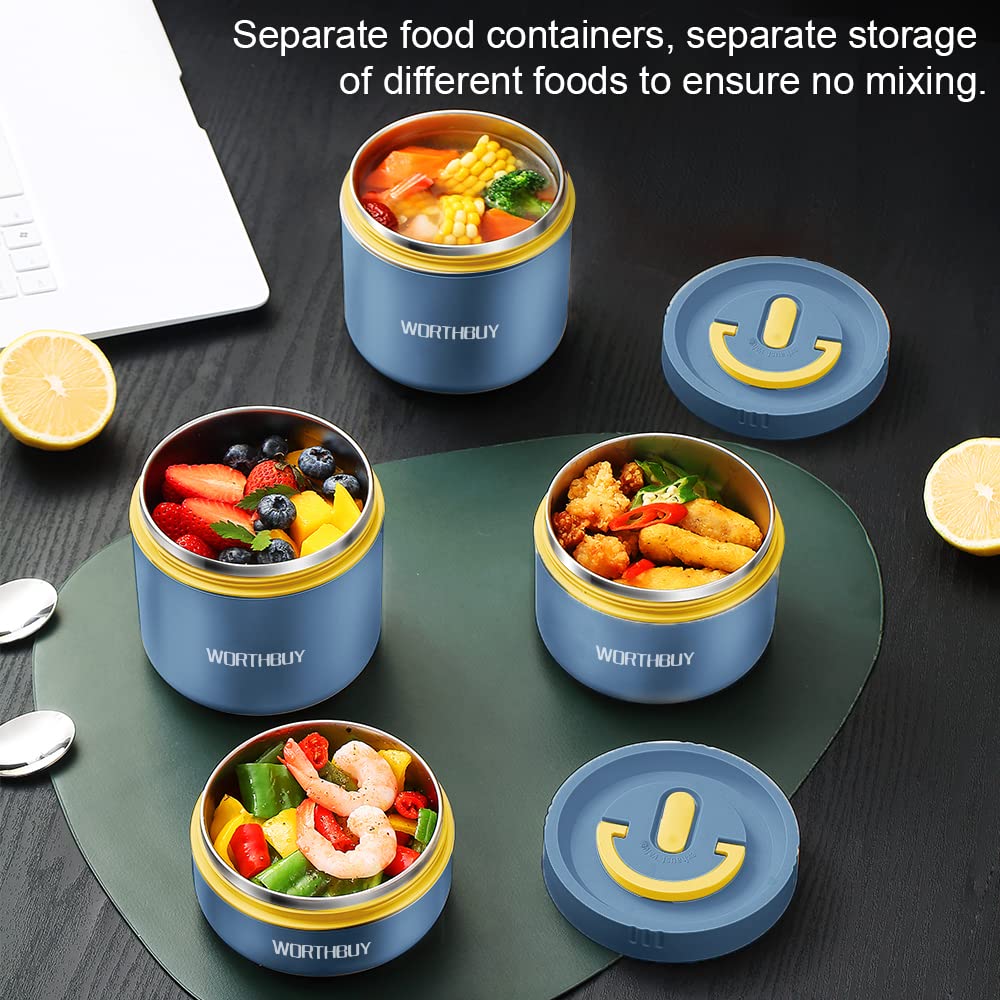 TiLeMiun Portable Insulated Lunch Containers Set, Microwave Safe Thermal Lunch Box For Kids & Aldults, 18/8 Stainless Steel Leakproof Food Container With Bag (Blue 2Pcs 34oz)