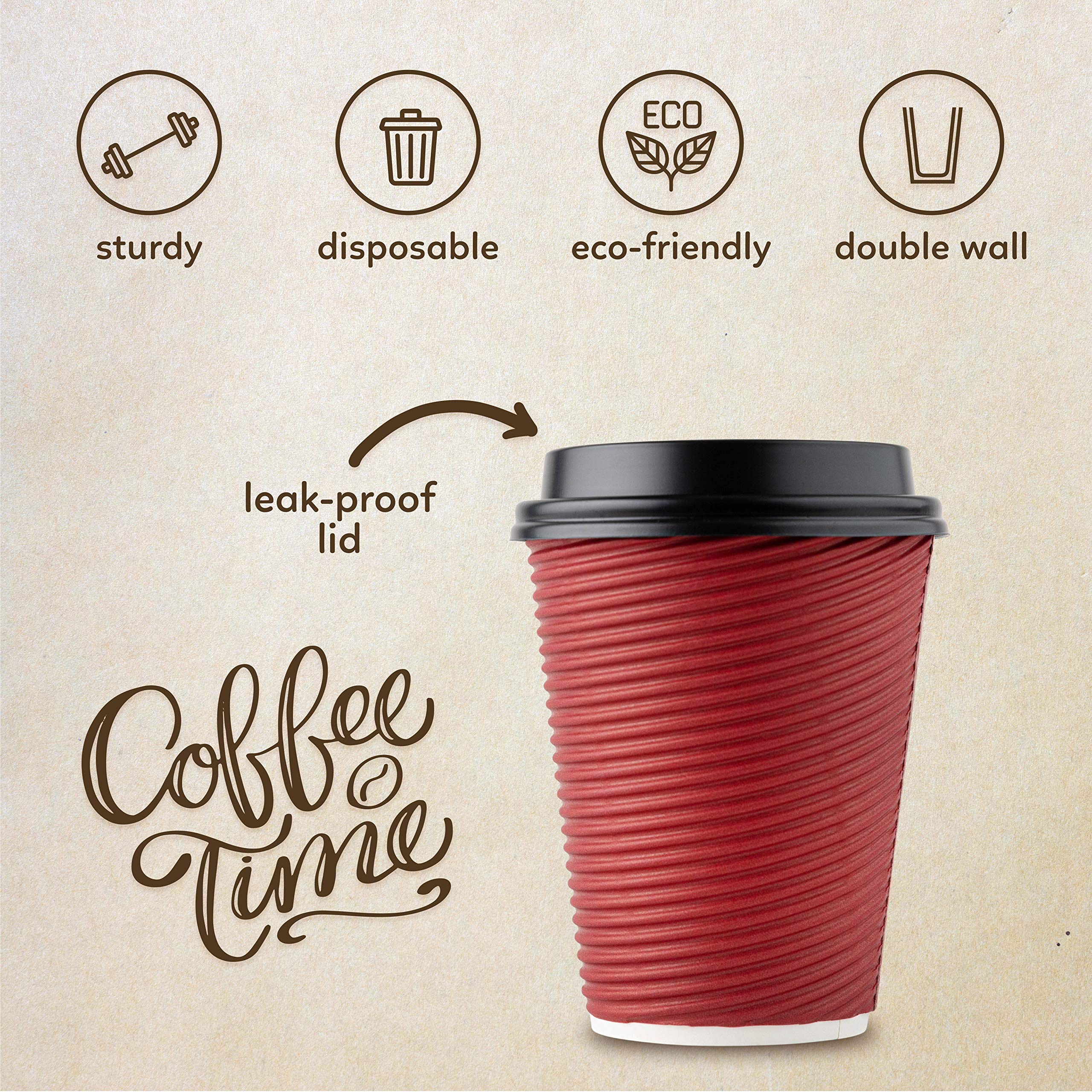 PLASTICPRO [50 Sets - 12 oz.] Insulated Rippled Double Wall Paper Hot Coffee Cups With Lids, Burgundy