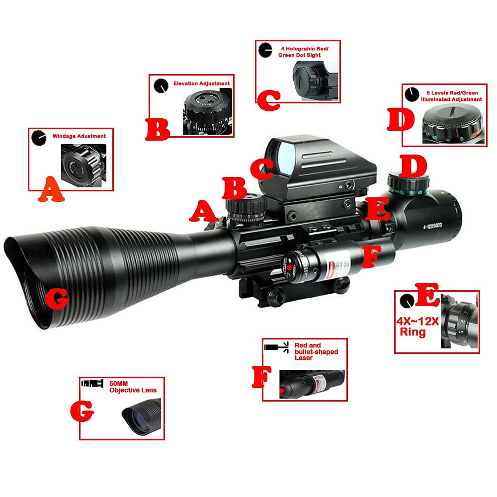 Riflescope 4-12X50&4-16x50AOEG Black Matte Finish Rifle Dual Illuminated Tactical Optical Scope Combine Reflex Sight Dot for Hunting Enthusiast and Experienced (4-12x50 Red)