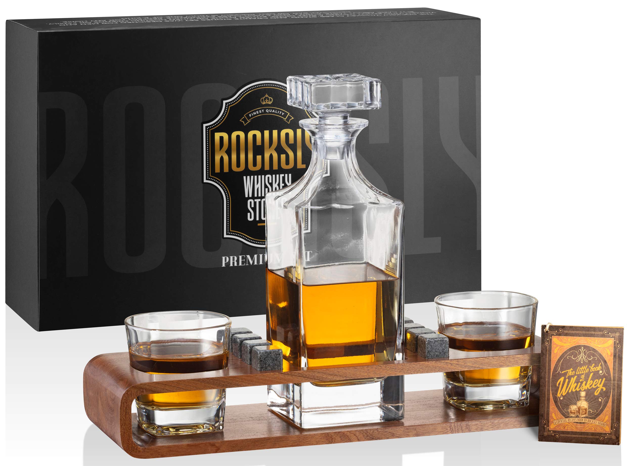 ROCKSLY Whiskey Stones Gift Set for Men | Whiskey Decanter Set With Wood Stand | Bourbon Decanter with Scotch Glasses, 8 Granite Whiskey Stones| Ideal For Whiskey Lovers | Gift Set For Dad, Boyfriend