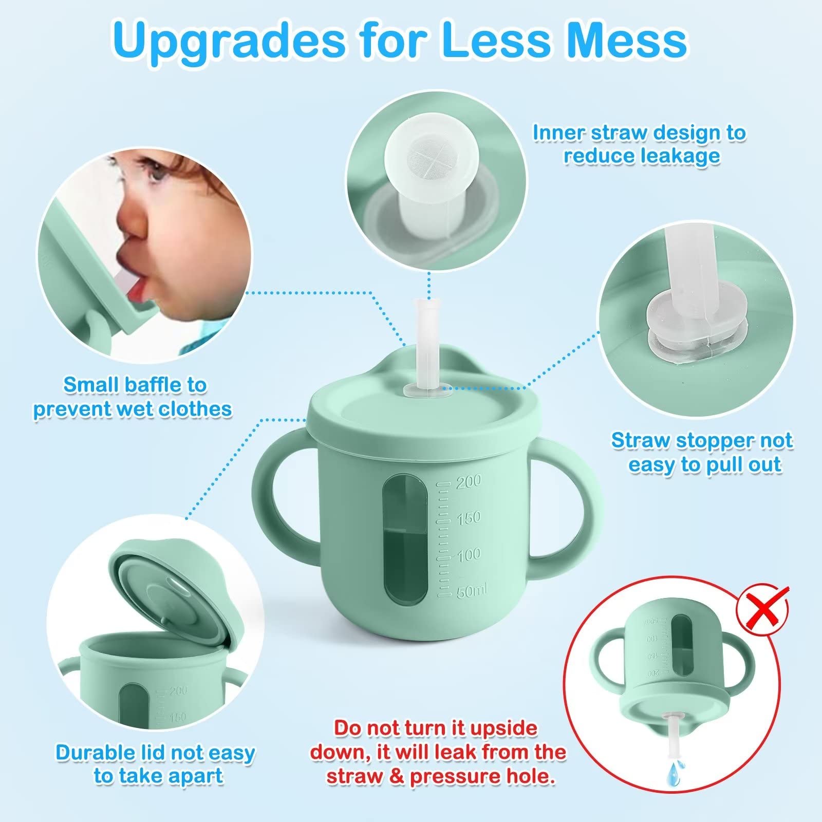 Palmatte Baby Toddler Cups with Straw: 200ml Perspective Silicone Training Cup with Lid Handle Marks for Infants 6 Months+, Open Sippy Cup Baby Led Weaning Supplies Baby Shower Gifts (Sage Green)