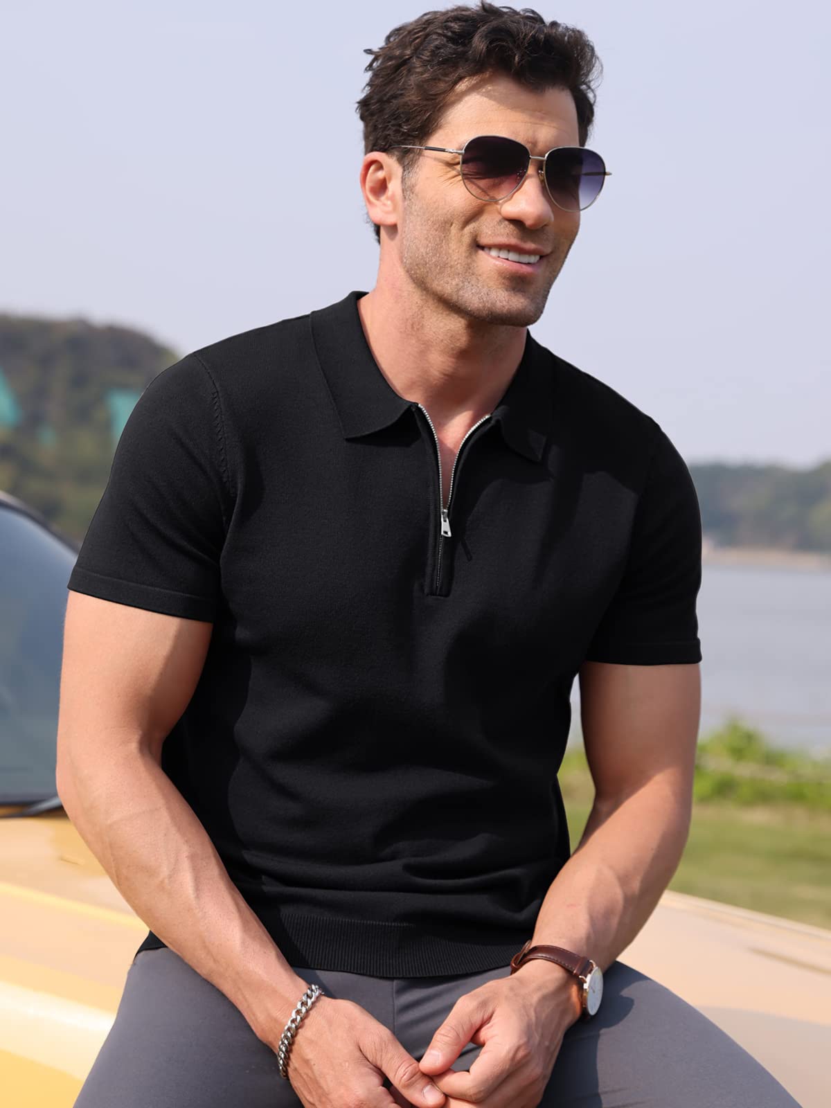 RQP Mens Zipper Polo Shirts Knit Wrinkle Free Casual Shirts Short/Long Sleeve,Stretch Fit Golf Shirts,Soft pullove,Black XL