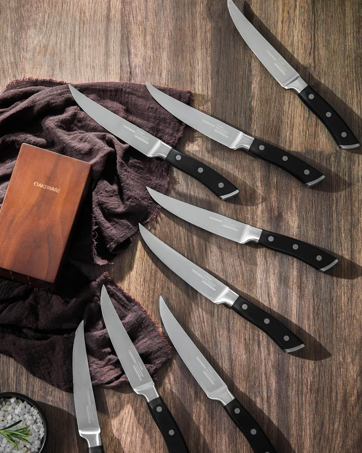 OAKSWARE Steak Knives Set of 8 with Walnut Block, 5 inch Non Serrated Steak Knife Set, 8 Pieces Straight Edge Kitchen Steak Knives - Forged German Steel - Full Tang Handle
