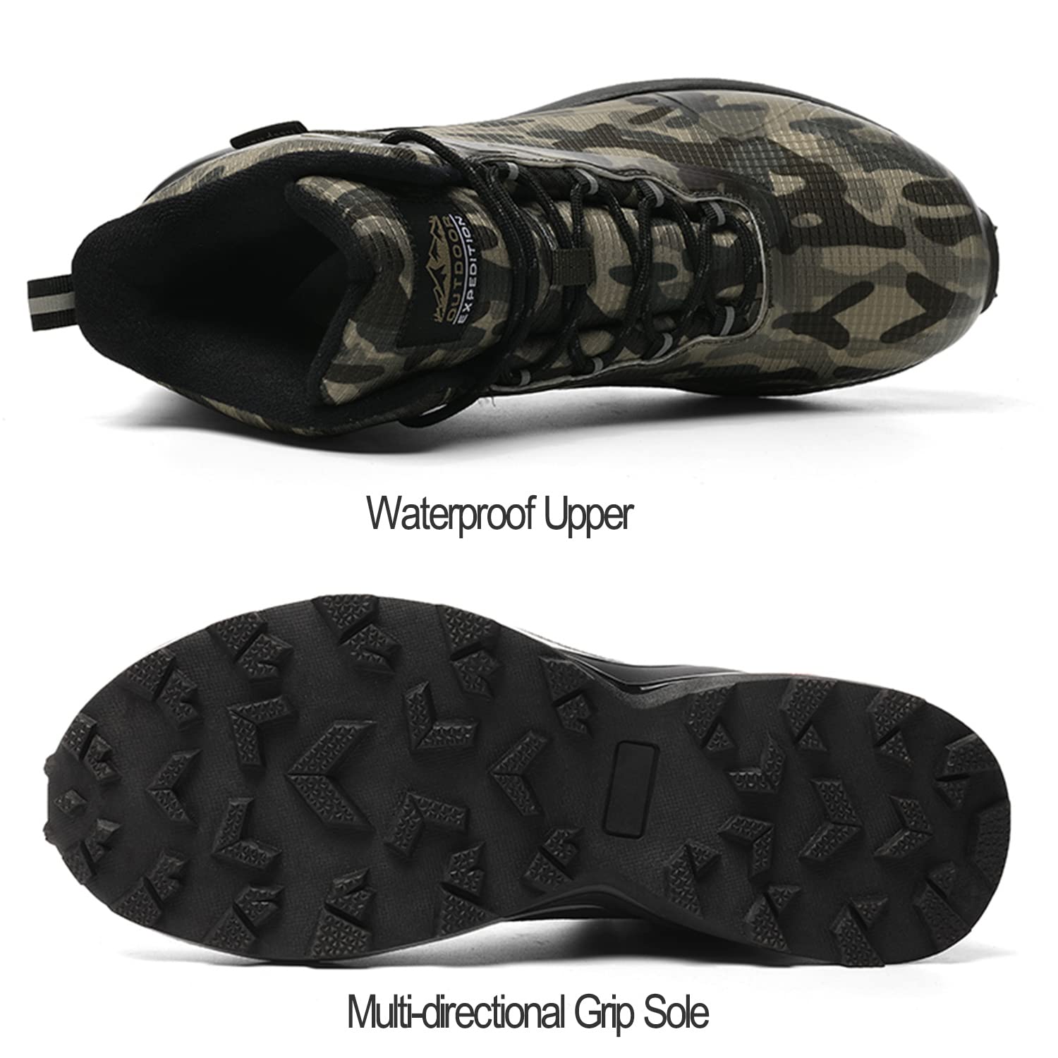 Pscownlg Men's winter snow waterproof hiking boots with fur lining to keep warm and non-slip outdoor hiking work shoes (CAMO, numeric_14)