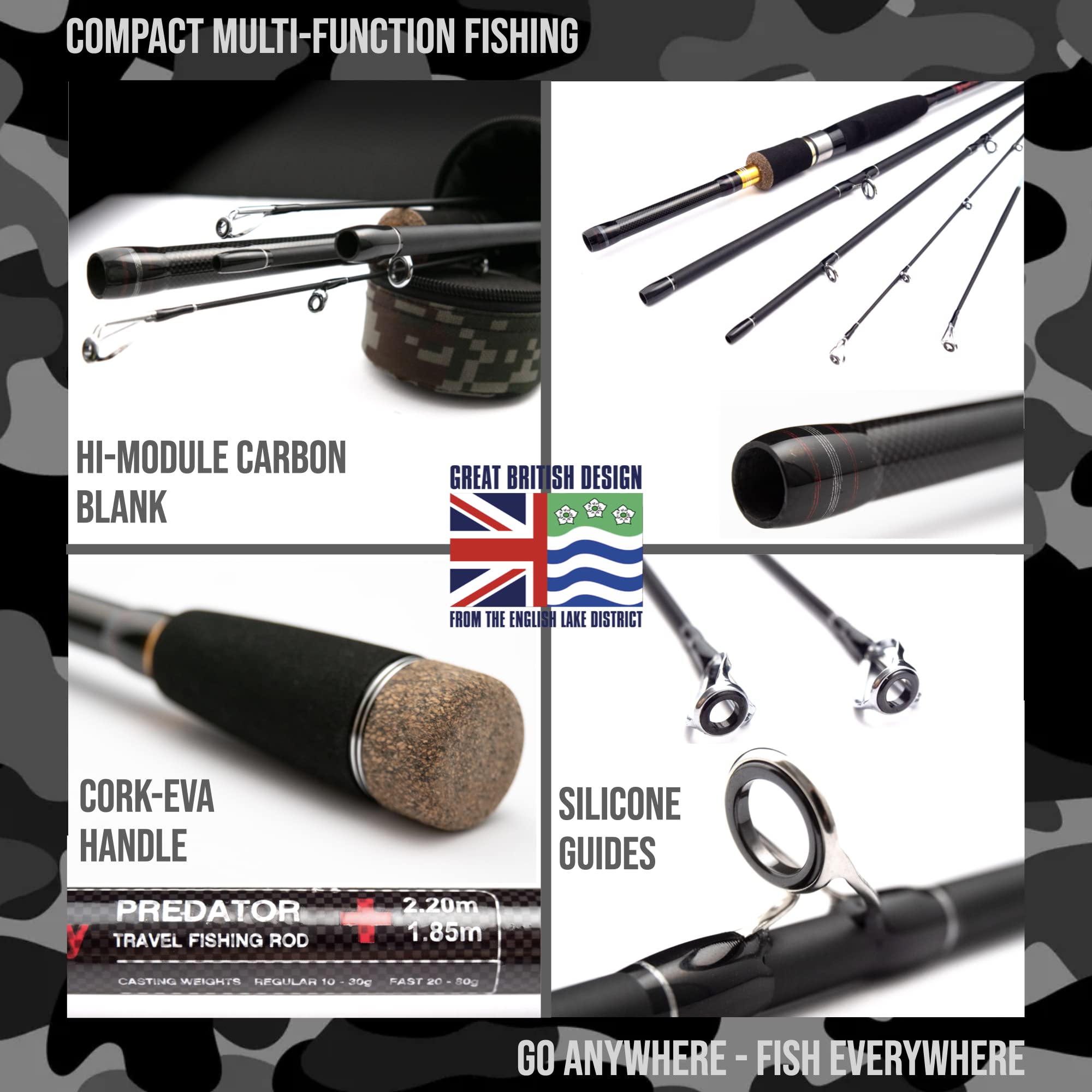 Rigged and Ready Predator Baitcaster Spin Travel Fishing Rod. Hi-Carbon Cast Spinning Pole Unique Micro Trigger +2 Tips 220+185cm (6β+7β3β) Angling Options Max Cast Weight 30g(1oz) 80g(2 3/4oz)