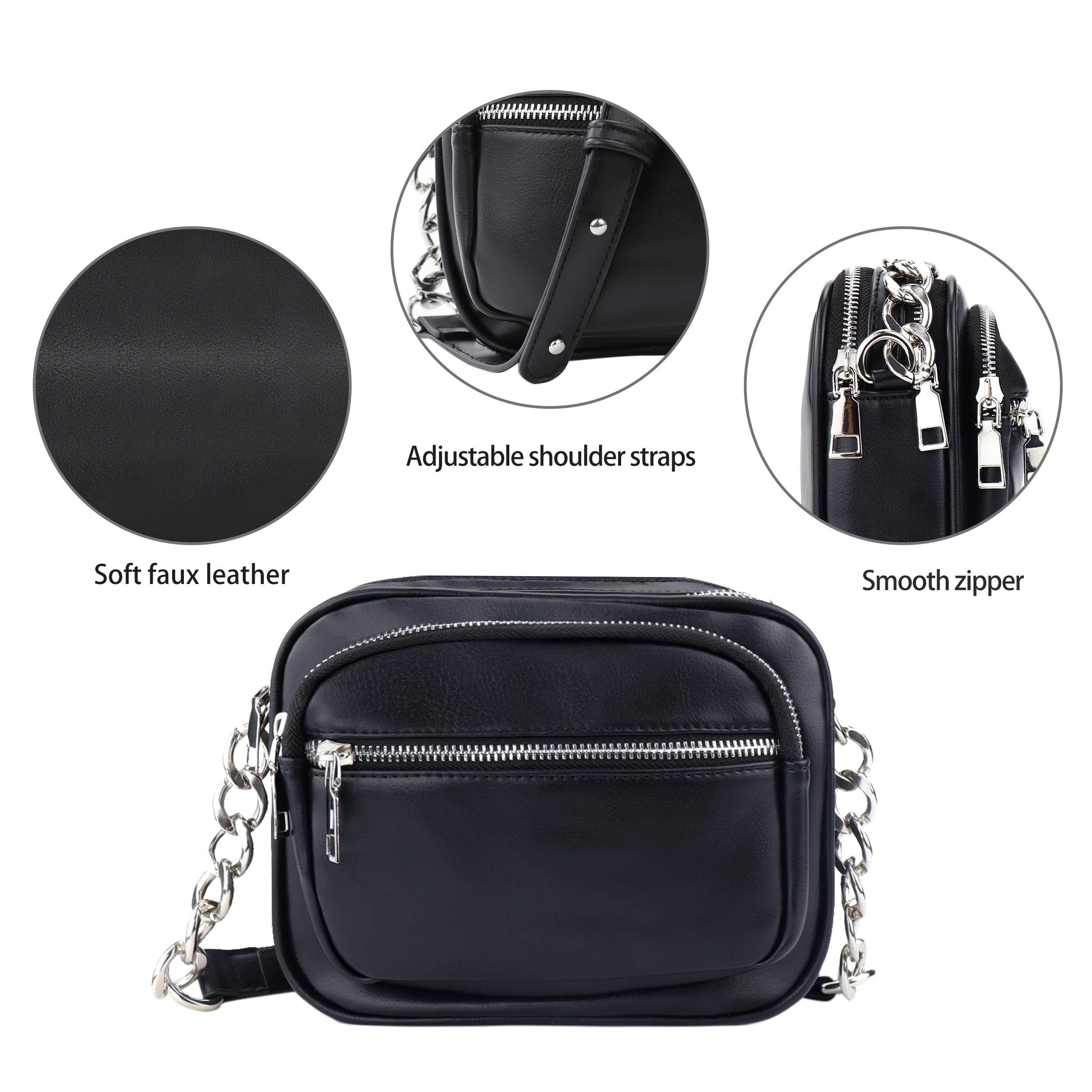 Whale Power Small Crossbody bags for Women Black Shoulder Purse With 4 Zipper Pockets