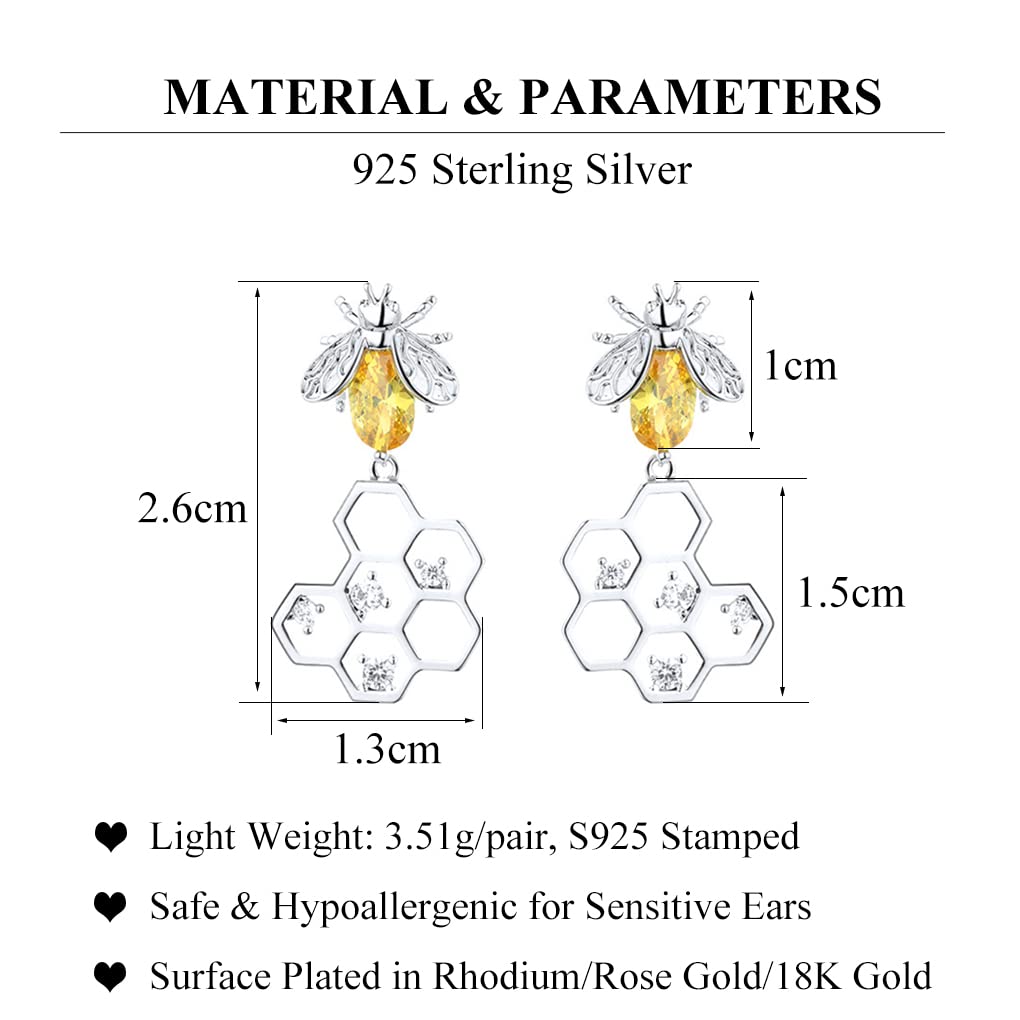 SLUYNZ 925 Sterling Silver Crystal Bee Earrings Drop fpr Women Honeycomb Dangle Earrings Studs