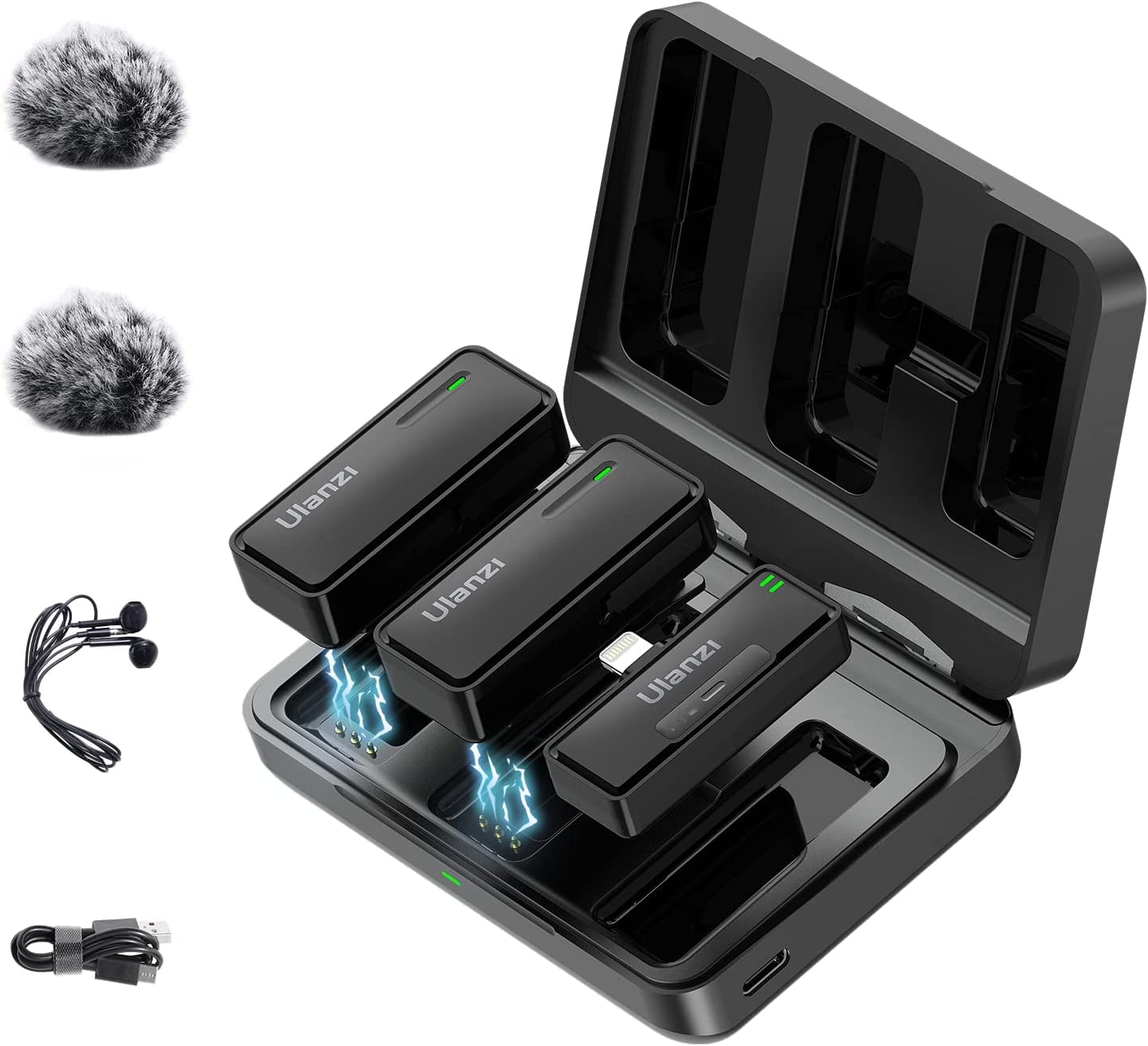 ULANZI Wireless Lavalier Microphone for iPhone iPad, 2-in-1 2.4GHz Clip on Lapel Microphone Mini Mic 100m Transmission with Charging Case for Video Recording Vlogging, Interview for iPhone 14/13/12