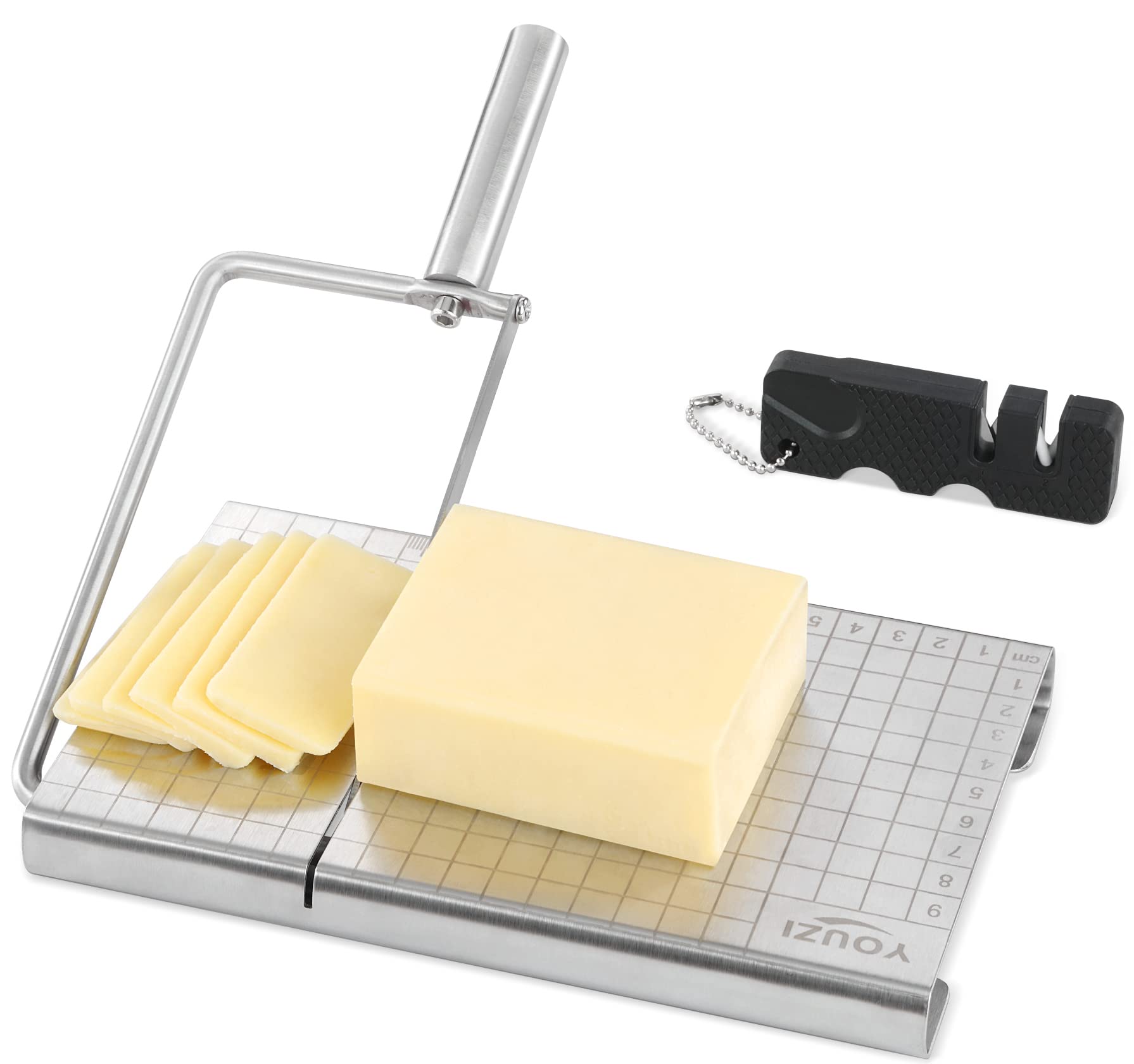 Stainless Steel Cheese Slicer - Multipurpose Cheese Slicer Board & Food Cutter with 4" Blade, 5" x 8" with Accurate Size Scale for Cutting Cheese Butter Vegetables Sausage Herbs & More (No Wire)