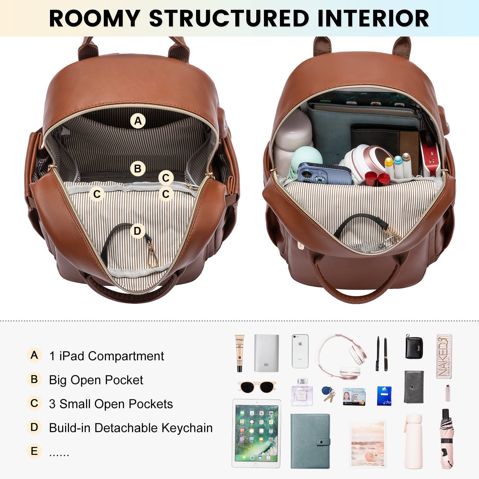 LOVEVOOK Mini Backpack Purse for Women Leather Small Backpack with USB Charging Port, Cute Fashion Daypack for Work Travel Daily, Brown