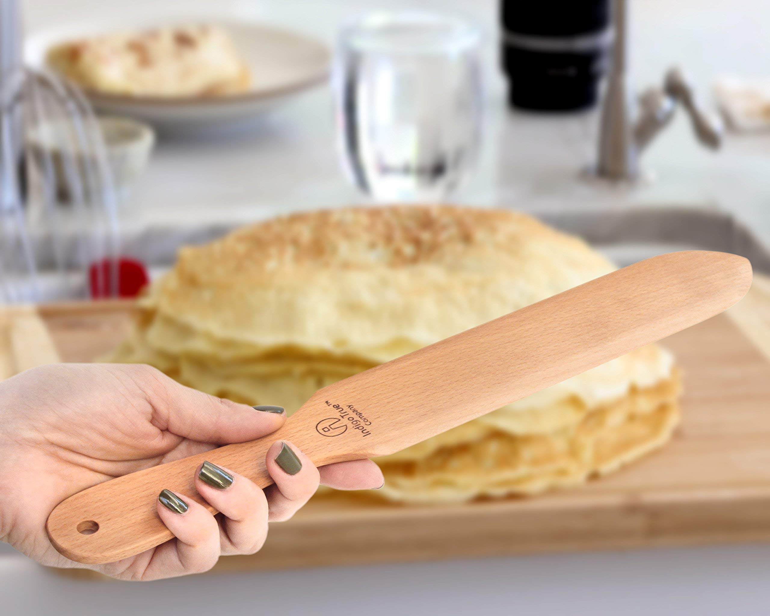 The ORIGINAL Crepe Spreader and Spatula Kit - 2 Piece Set (5β Spreader and 14β Spatula) Convenient Size to Fit Medium Crepe Pan Maker | All Natural Beechwood Construction only From Indigo True Company