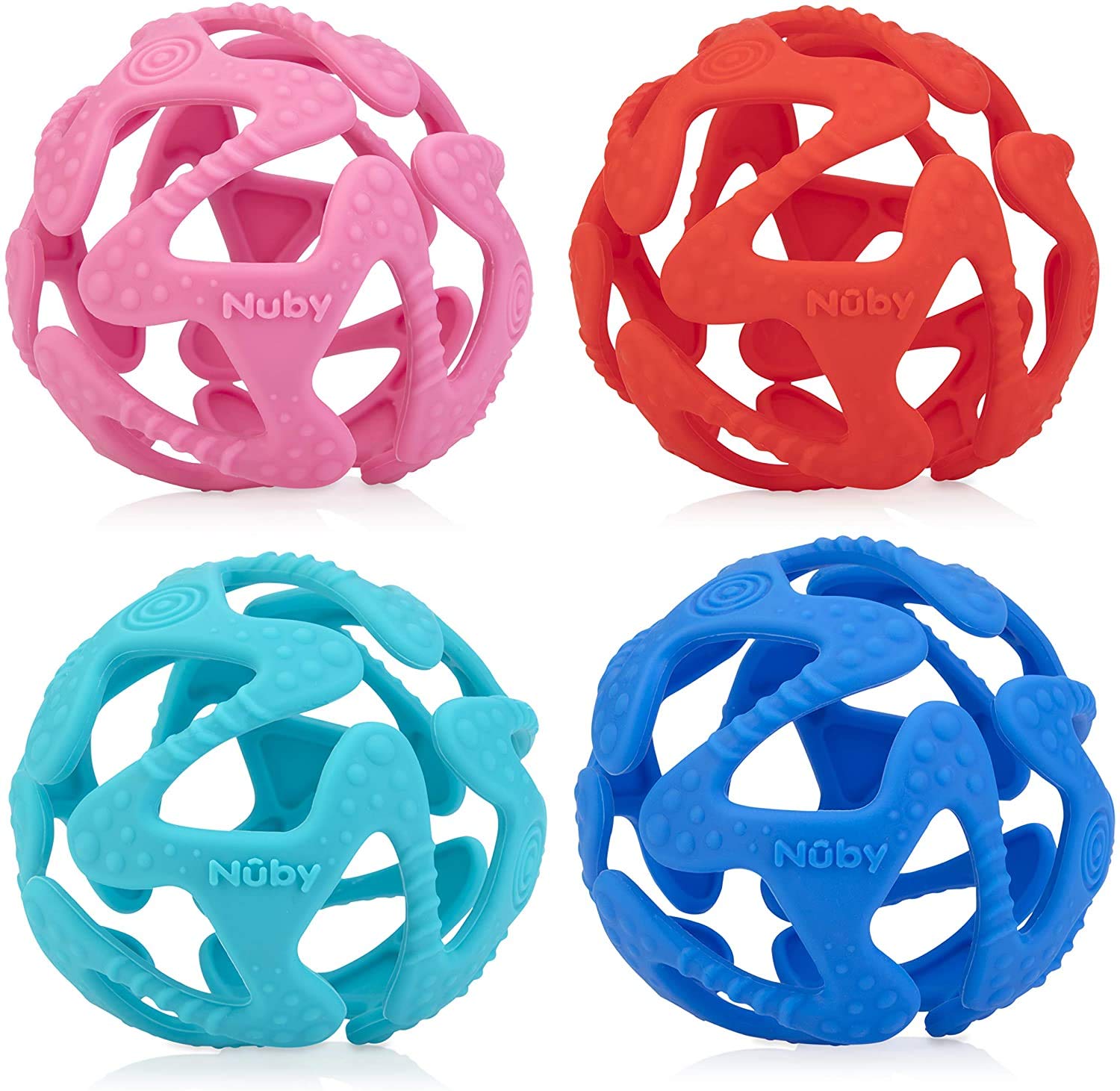 Nuby 100% Silicone Tuggy Teether Ball, 6 Months +, Colors May Vary 1 Count (Pack of 1)