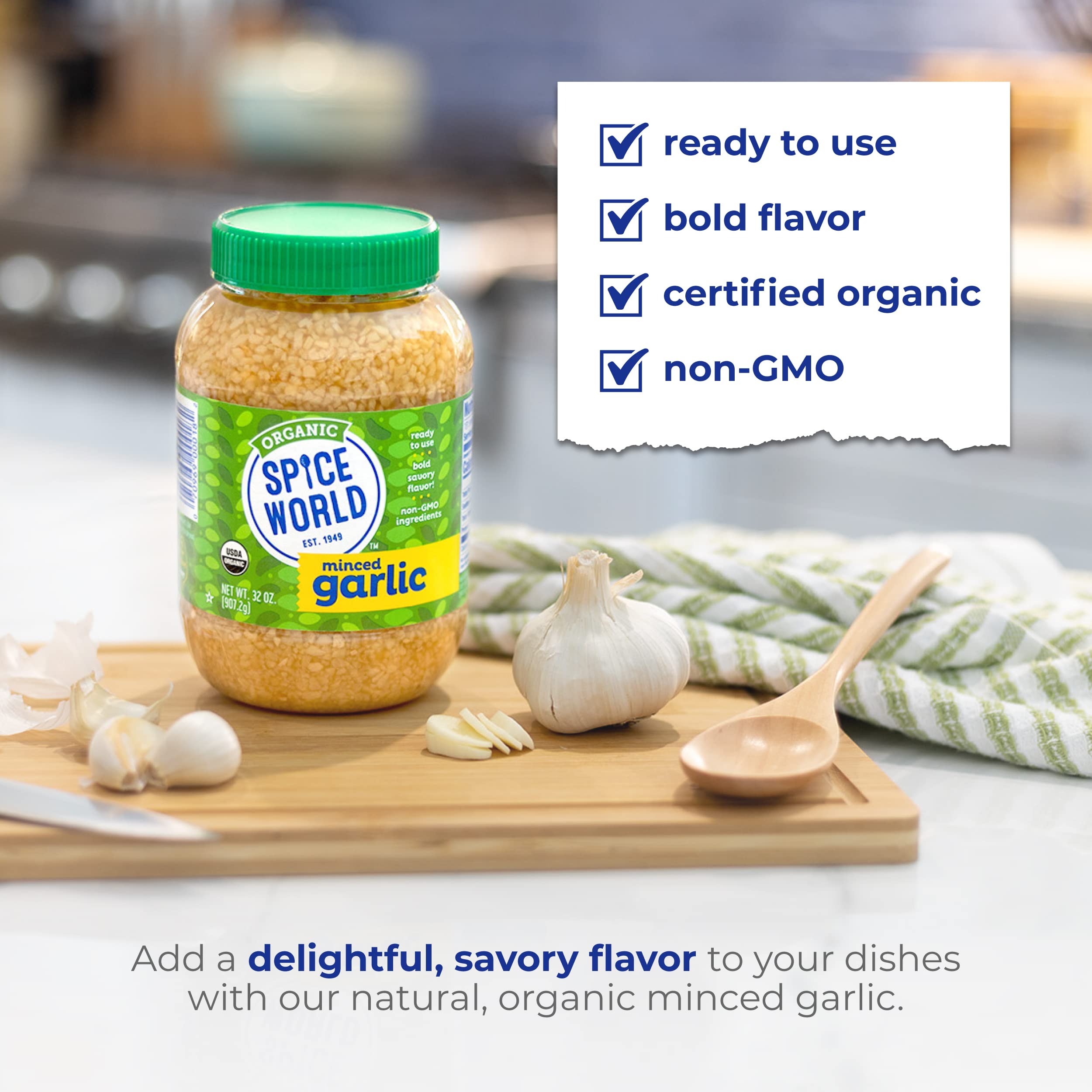 Spice World Organic Minced Garlic β Bulk 32oz Garlic Container, USDA Certified Organic Garlic with Non-GMO Ingredients β Ready-to-Use Seasonings for Cooking, Reduce Prep Work and Easily Add Flavor