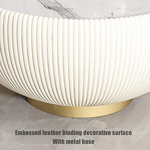 Modern Round Coffee Table, Marble Pattern Tabletop Leather Edge Sofa End Table with Metal Base,Luxurious Side Table for Home Decor Living Room(28x14.2, White)