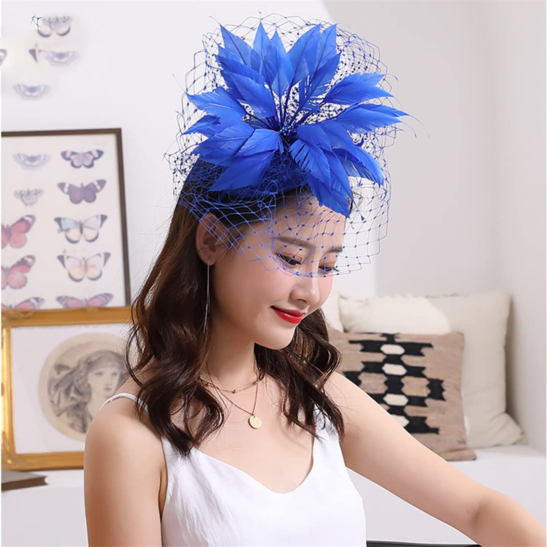 Royal Blue Hat Hat with Feather Flower Ladien Gauze Dress Hats Hair Accessories Royal Blue One Size