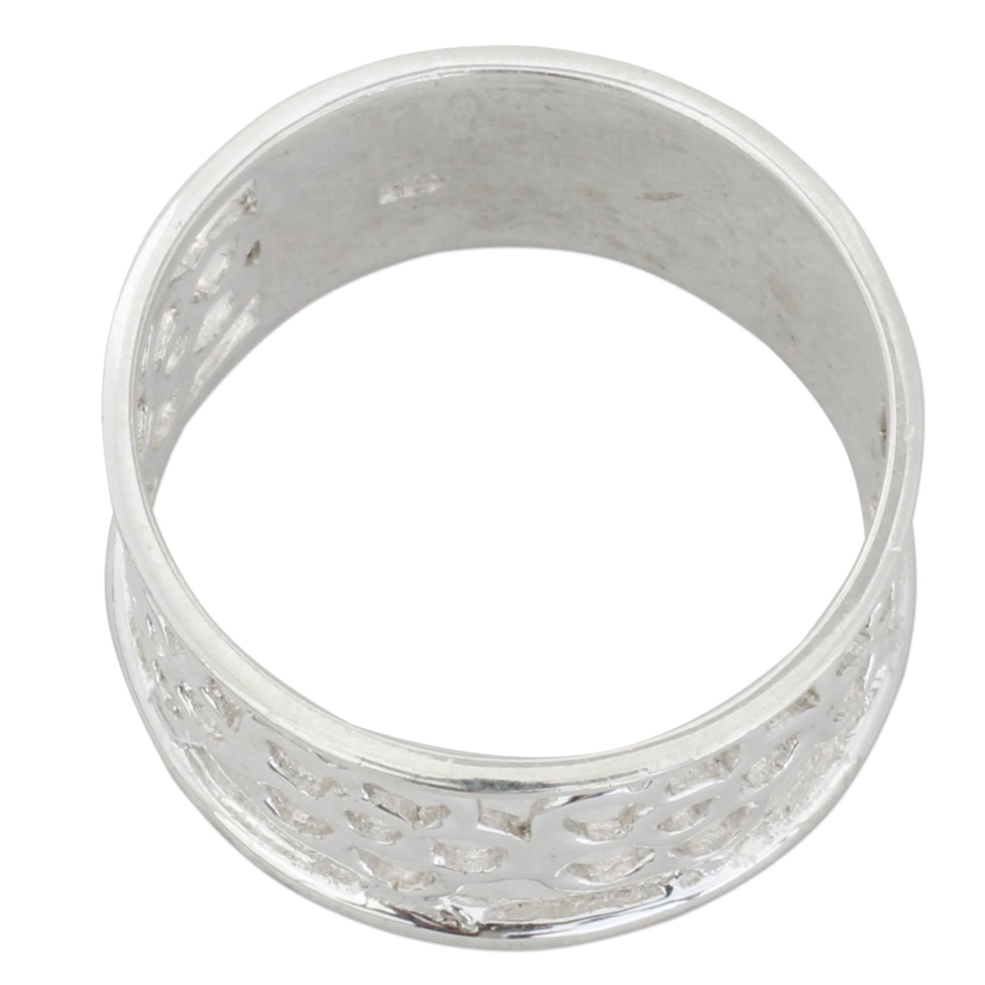 NOVICA Artisan Handmade Sterling Silver Band Ring Floral from India No Stone [band Width 10 mm W] ' Band of Flowers'