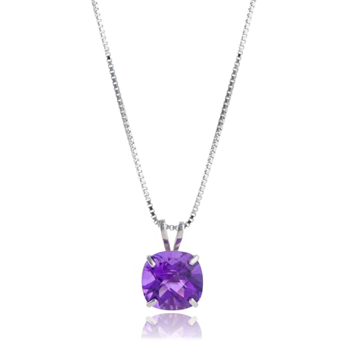 MAX + STONE 925 Sterling Silver 8mm Cushion Cut February Birthstone Amethyst Solitaire Pendant Necklace for Women with 18 inch Box Chain