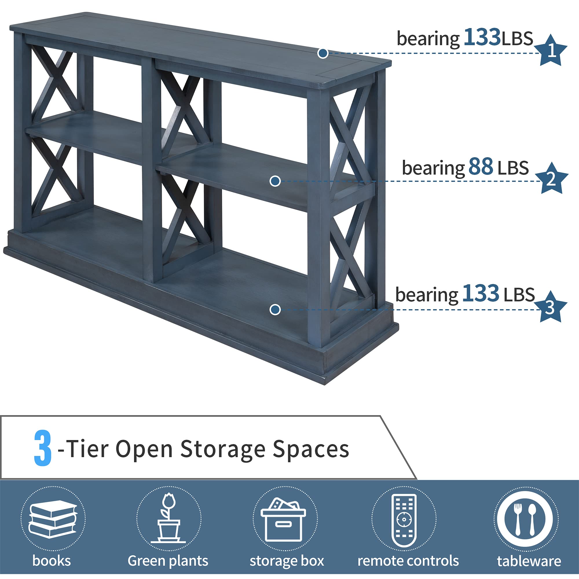 LUMISOL Narrow Industrial Console Table with 3 Tier Shelves, Entryway Table with X-Shape-Design Bookshelf, Sofa Table with Storage for Entryway, Navy Blue