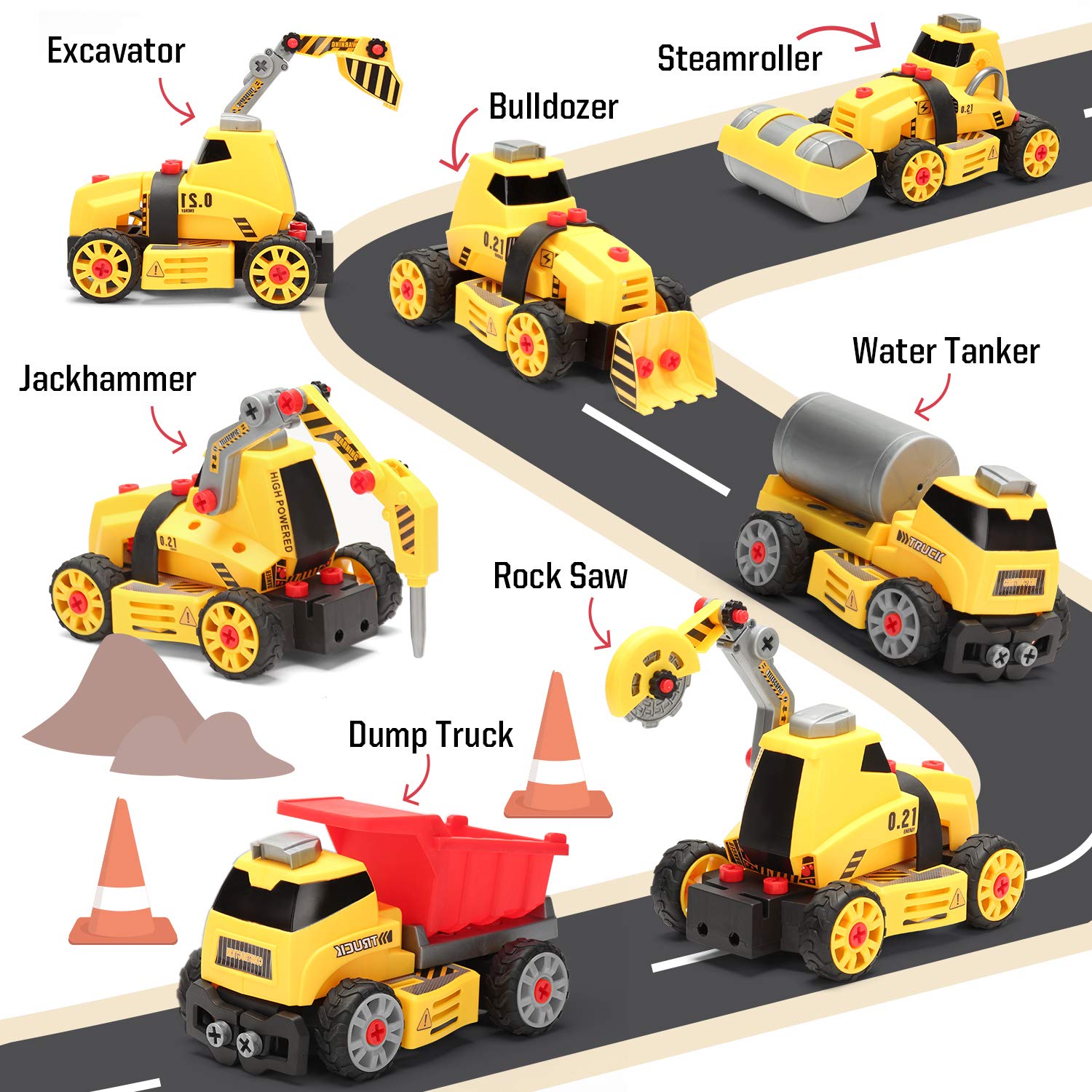 MOBIUS Toys 7 in 1 Take Apart Truck Construction Set - STEM Learning Kids Builder PlaySet w/Electric Drill, DIY Engineering Building w/Lights, Sounds, Push & Go, Boys & Girls, Ages 4-7 Years Old