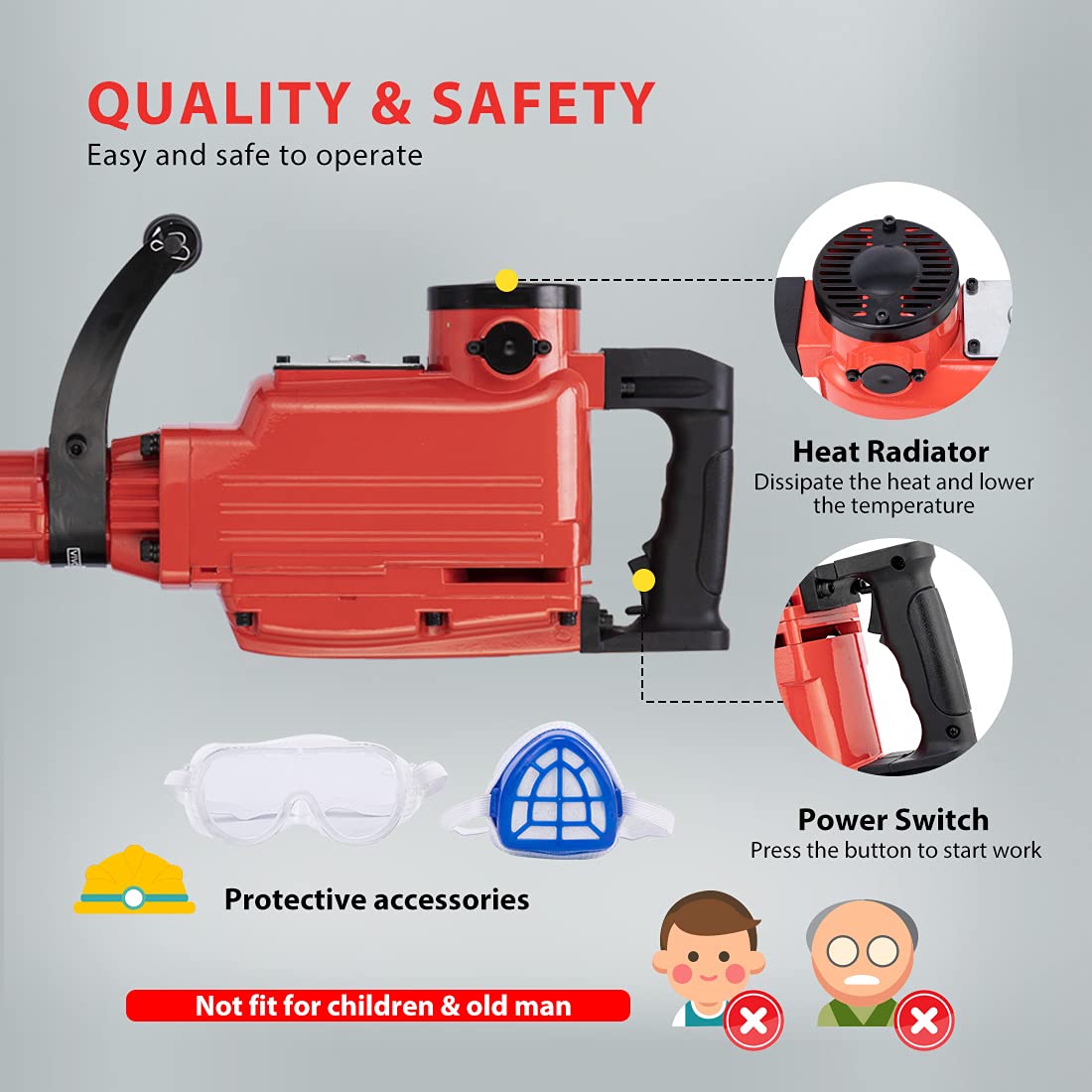 VIVOHOME 2200W 400 RPM Electric Demolition Jack Hammer Heavy Duty Concrete Breaker Drills Kit with Carrying Case Gloves Goggle and Removal tools Red