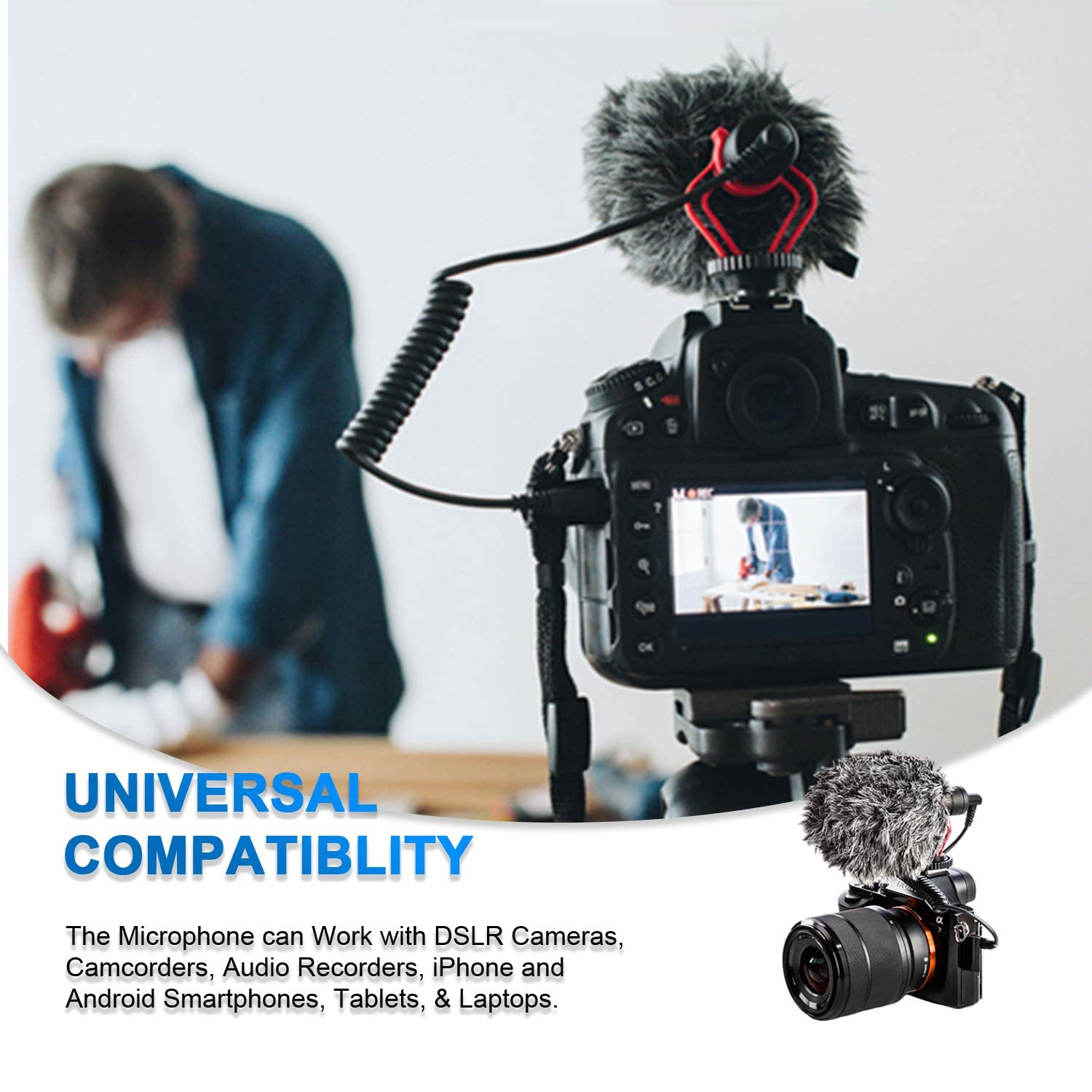 MOURIV Shotgun Video Microphone with Shock Mount, Deadcat Windscreen, Case Compatible with iPhone/Android Smartphones, Canon EOS/Nikon DSLR Cameras Camcorders for Live Streaming Audio Recording