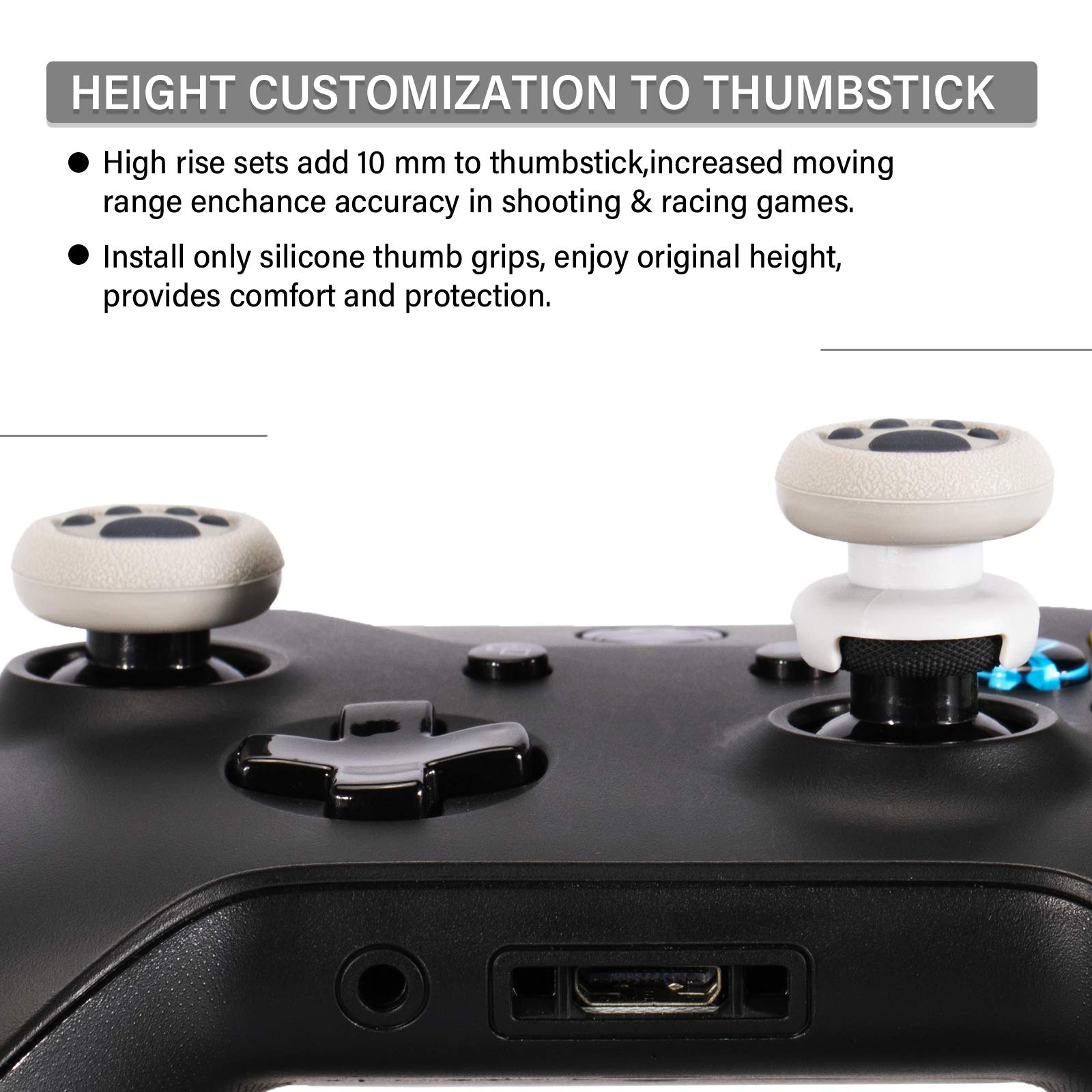 Playrealm FPS Thumbstick Extender & 3D Texture Rubber Silicone Grip Cover 2 Sets for Xbox Series X/S & Xbox One Controller (Cat Paw Grey)