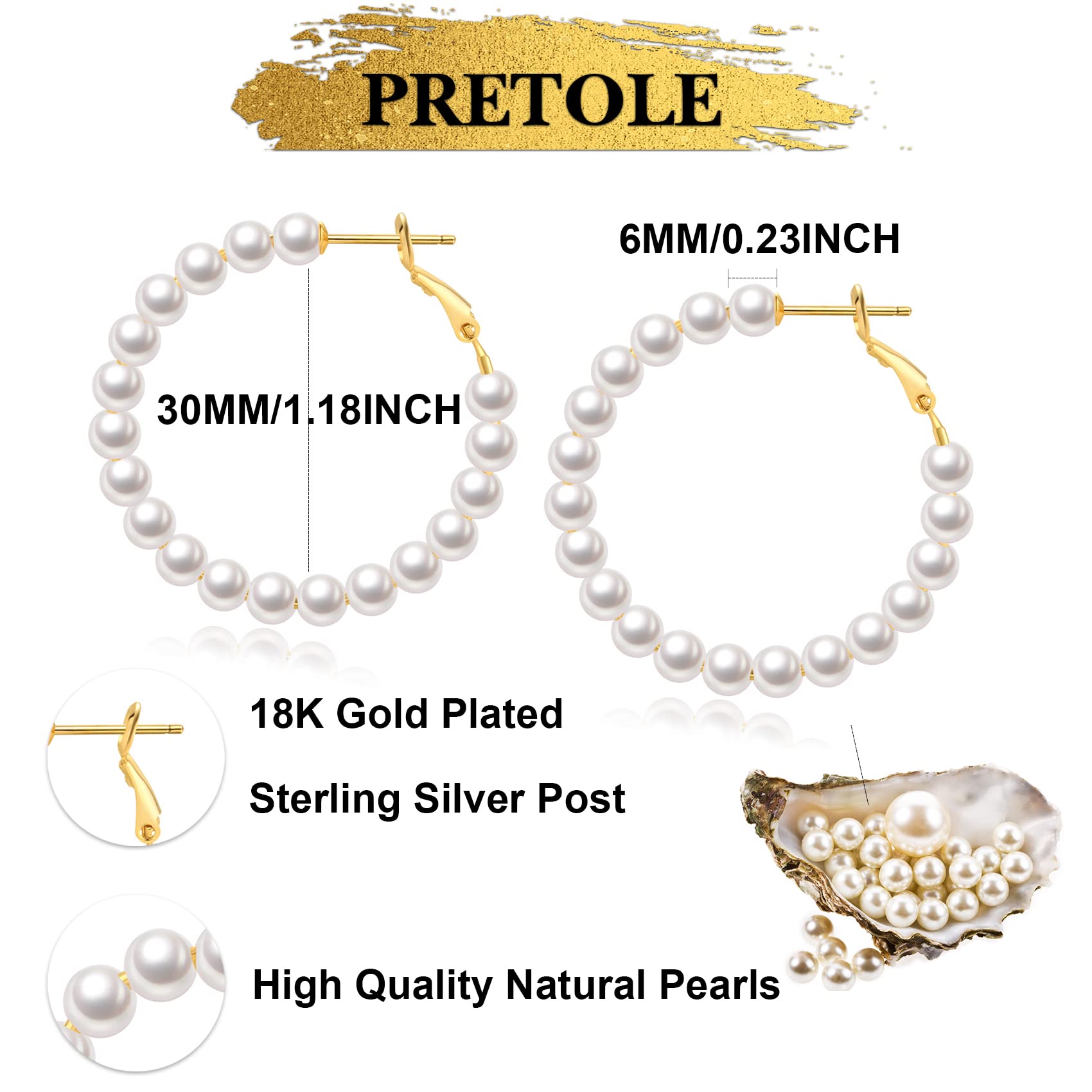 PRETOLE Pearl Hoop Earrings for Women Sterling Silver Post Pearl Bead Hoop Earrings Lightweight Hypoallergenic Pearl Hoops