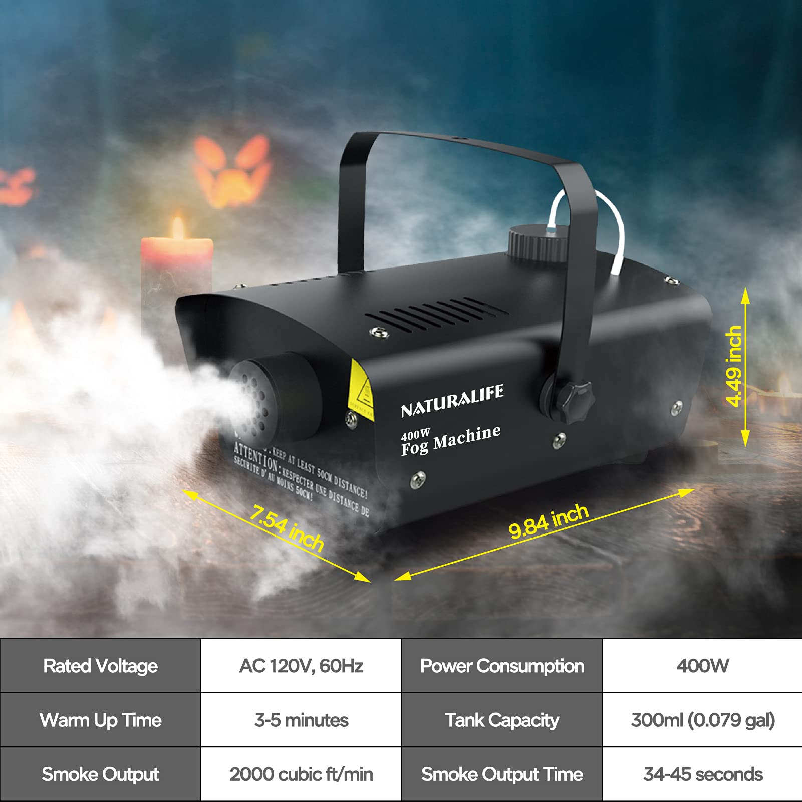 Naturalife Fog Machine, Professional Smoke Maker with Wired Remote Control and Fuse Protection, Great Smoke Machine for Halloween, Thanksgiving & Christmas Parties, 400W-Black