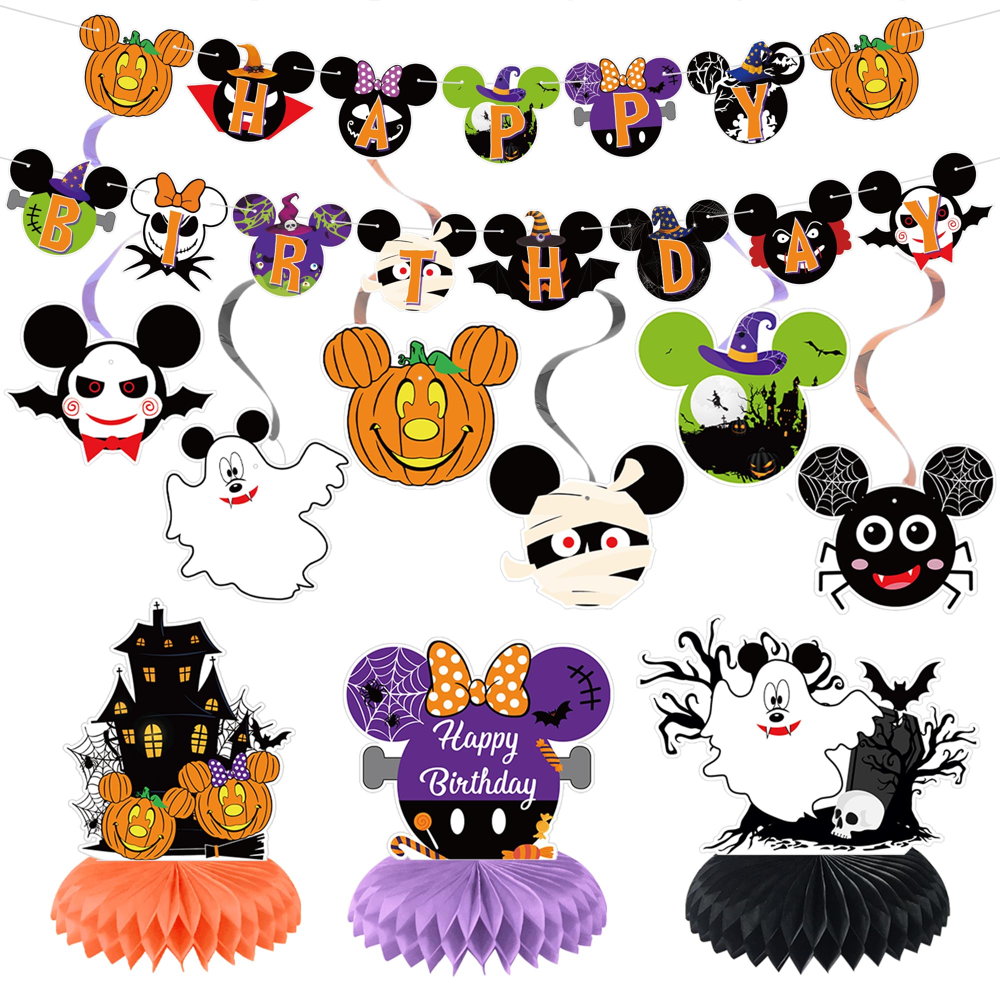 Mouse Halloween Happy Birthday Banners with Hanging Swirls,Ghost Mouse Birthday Decorations for Mouse Theme Halloween Party Birthday Party Decorations