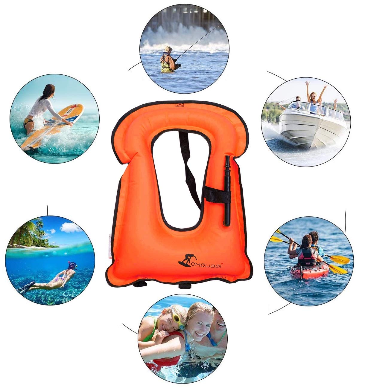OMOUBOI Snorkel Vest for Adults Swim Vests Inflatable Snorkeling Jackets for Diving, Snorkeling, Swimming Safety (Suitable for 100-220 lbs) (Orange)