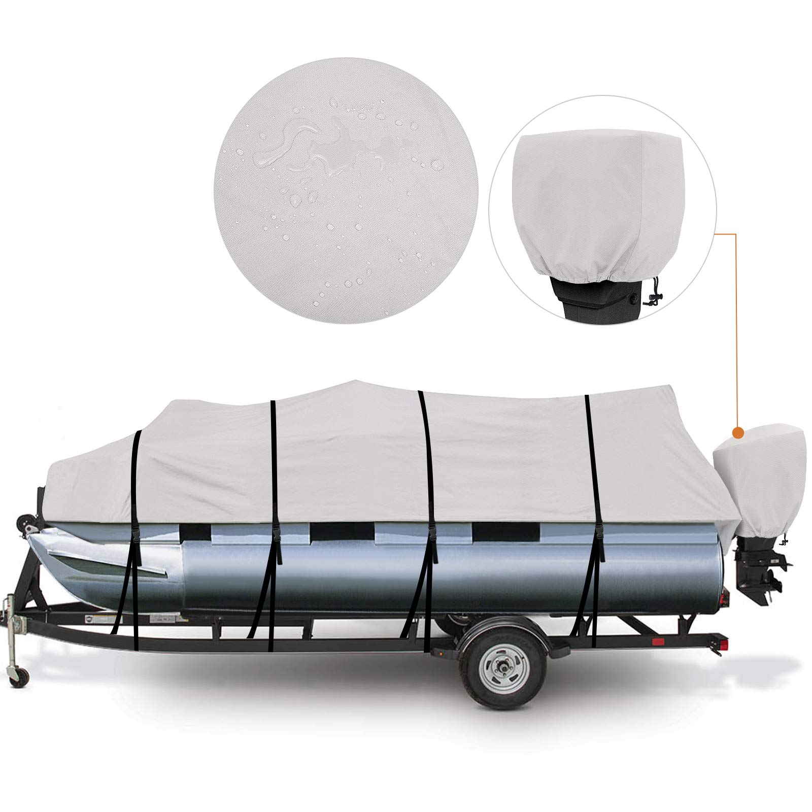 RVMasking 800D Waterproof Trailerable Pontoon Boat Cover with Motor Cover Marine Grade Pontoon Cover with 12 Adjustable tie Down Strap for Length: 17’-20’, Beam Width up to 102”