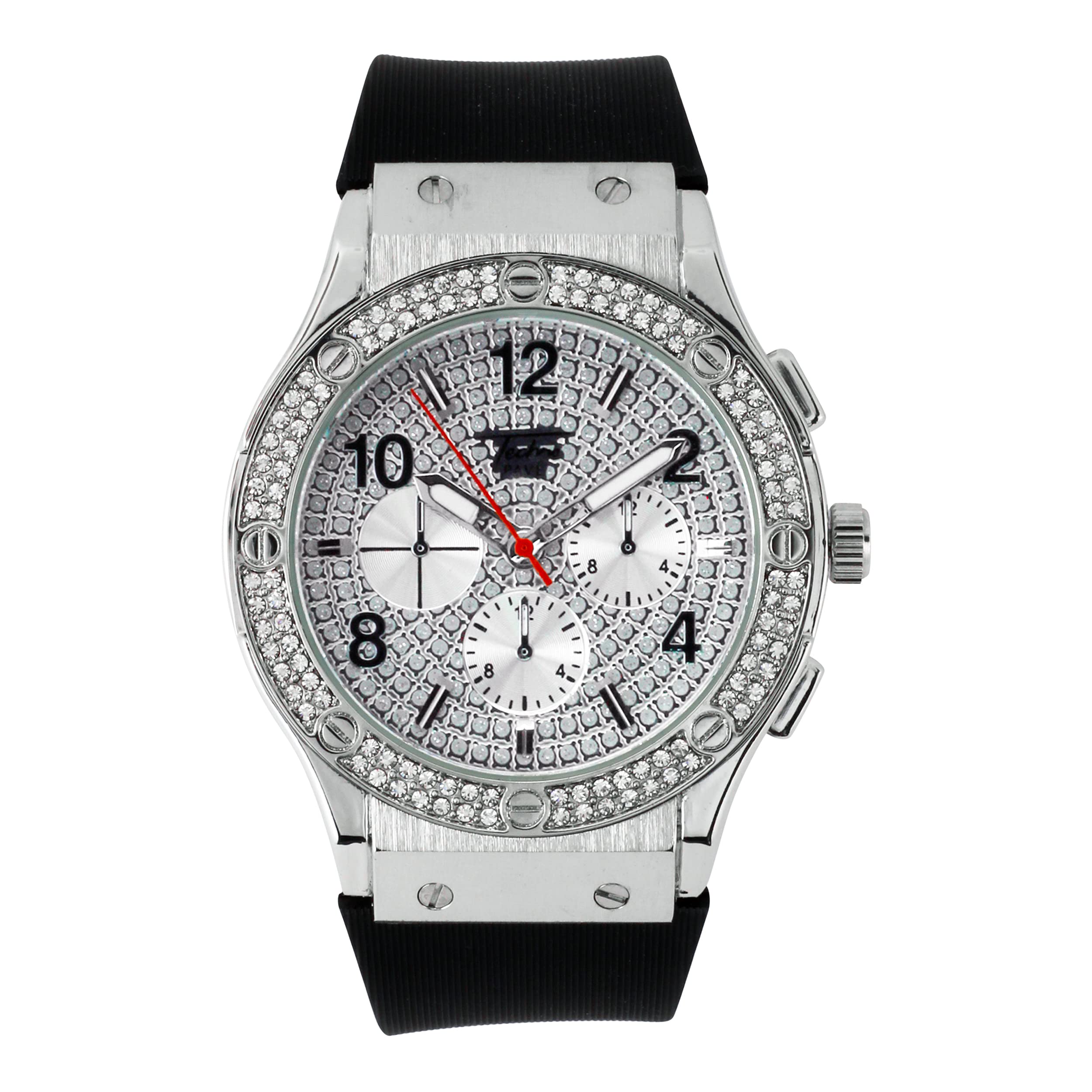 Mens Bust Down 43mm Iced Out Silicon Band Silver Watch with Chronograph Display and CZ Pave Diamonds - Solid Metal Case and Black Adjustable Band - Inspired by Rapper & Hip Hop Fashion