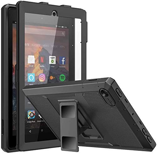 MoKo Case Fits Kindle Fire 7 Tablet (9th Generation, 2019 Release), Anti-Slip Dual-Layer Full Body Rugged Hands-Free Viewing Stand Back Cover with Screen Protector - Black