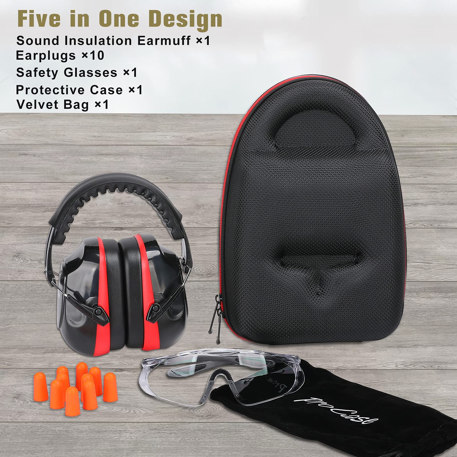 ProCase Shooting Ear Protection Earmuffs, Gun Safety Glasses and Soft Earplugs, Shooting Range Accessories with Protective Case, Gun Range Ear and Eye Protection Kit, Shooting Safety Equipment –Red