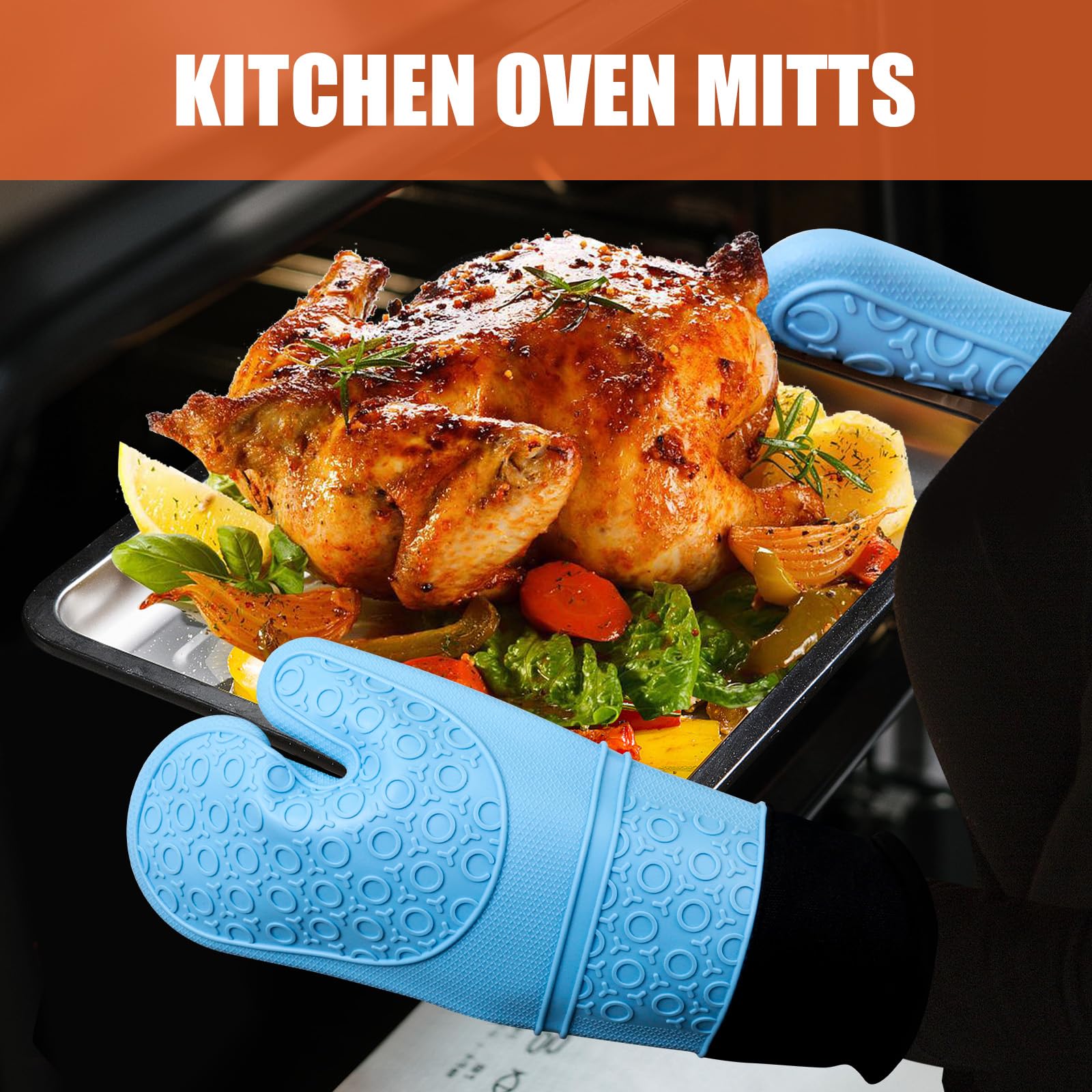 Obsoorth Heat Resistant Silicone Oven Mitts Waterproof Flexible Handle Hot Food Washable Blue Extra Long Anti-Slip Kitchen Glove for Baking Cooking BBQ, 1Pair
