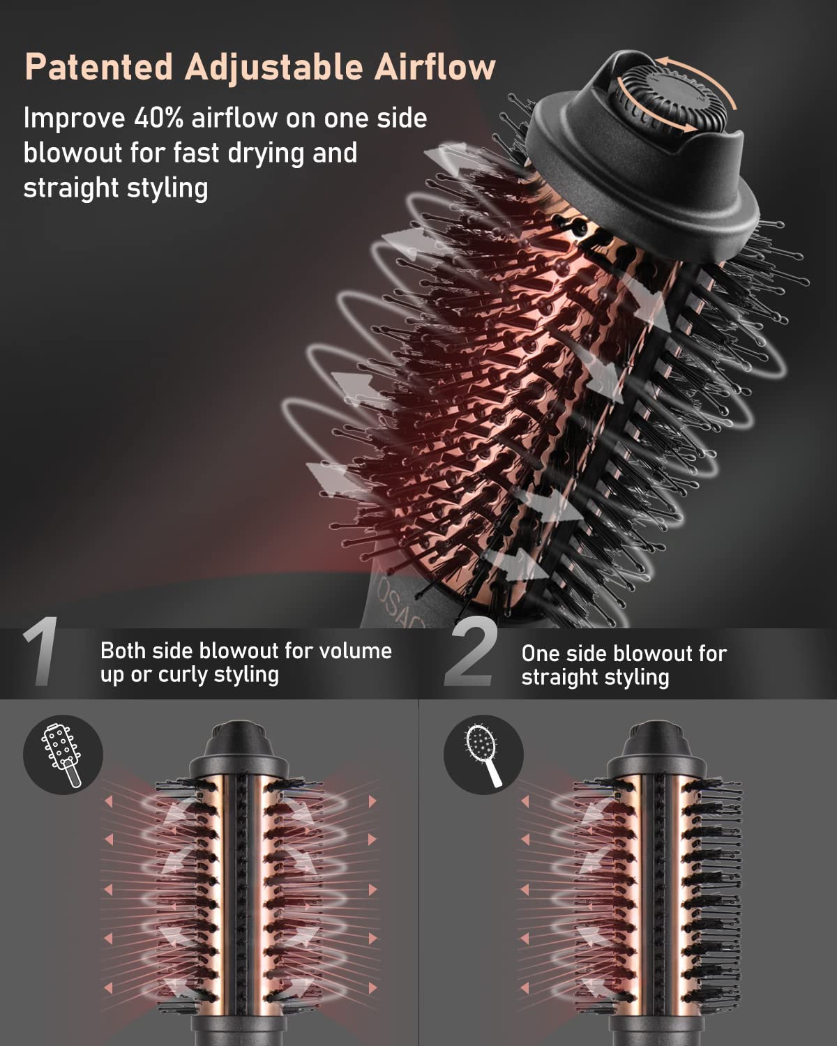 TOSAGE Hair Dryer, 1100 Watt, Black, with Far Infrared Heat and Negative Ion Technology, Titanium Oval Brush, Adjustable Airflow, Mixed Bristle, Multiple Settings