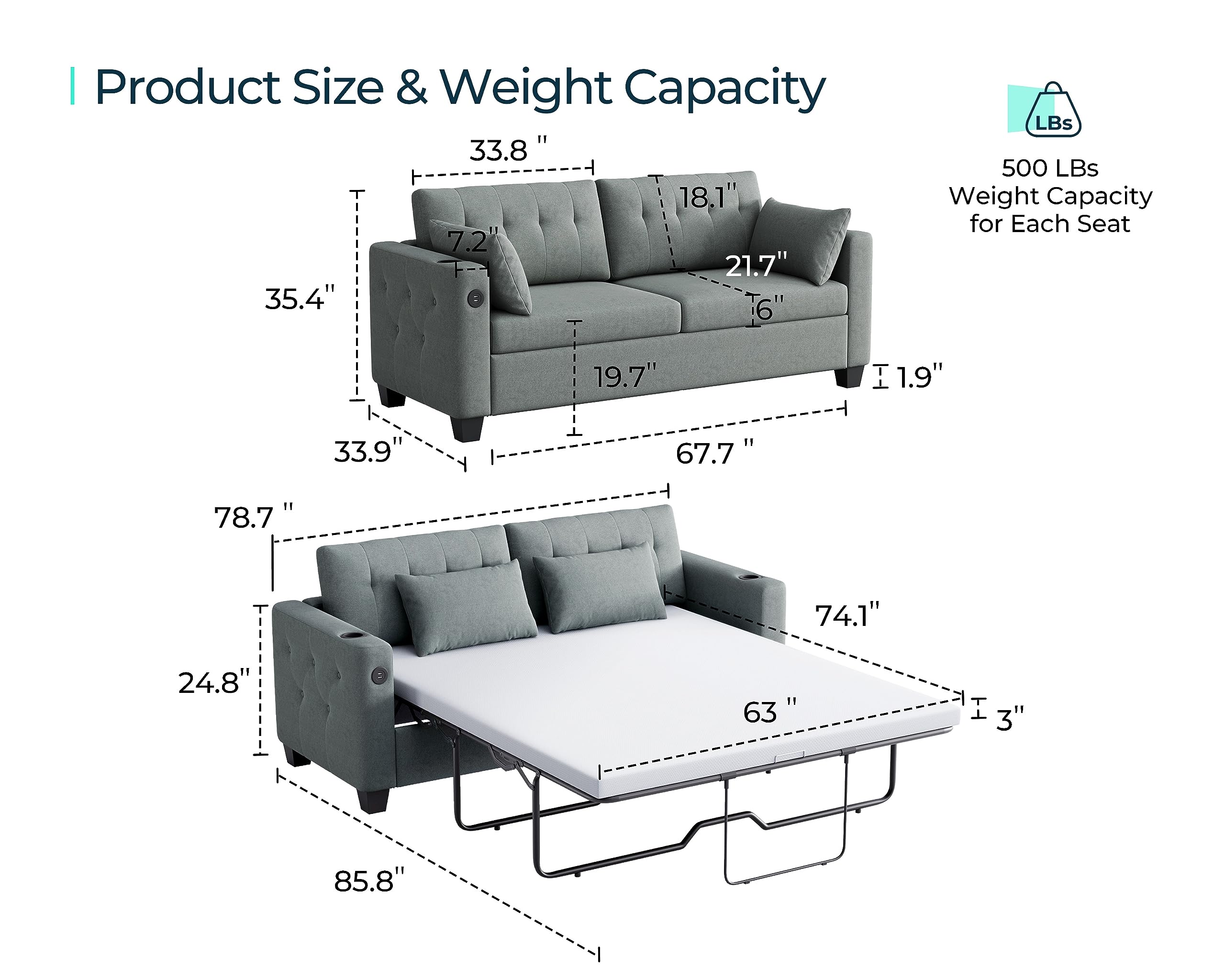 LINSY HOME Pull Out Sofa Bed, Queen Sleeper Sofa Couch with Solid Wood Bedframe and Memory Foam Mattress, 3 Seat Sofa for Home Office, Guest Room, Living Room, Queen, Dark Grey
