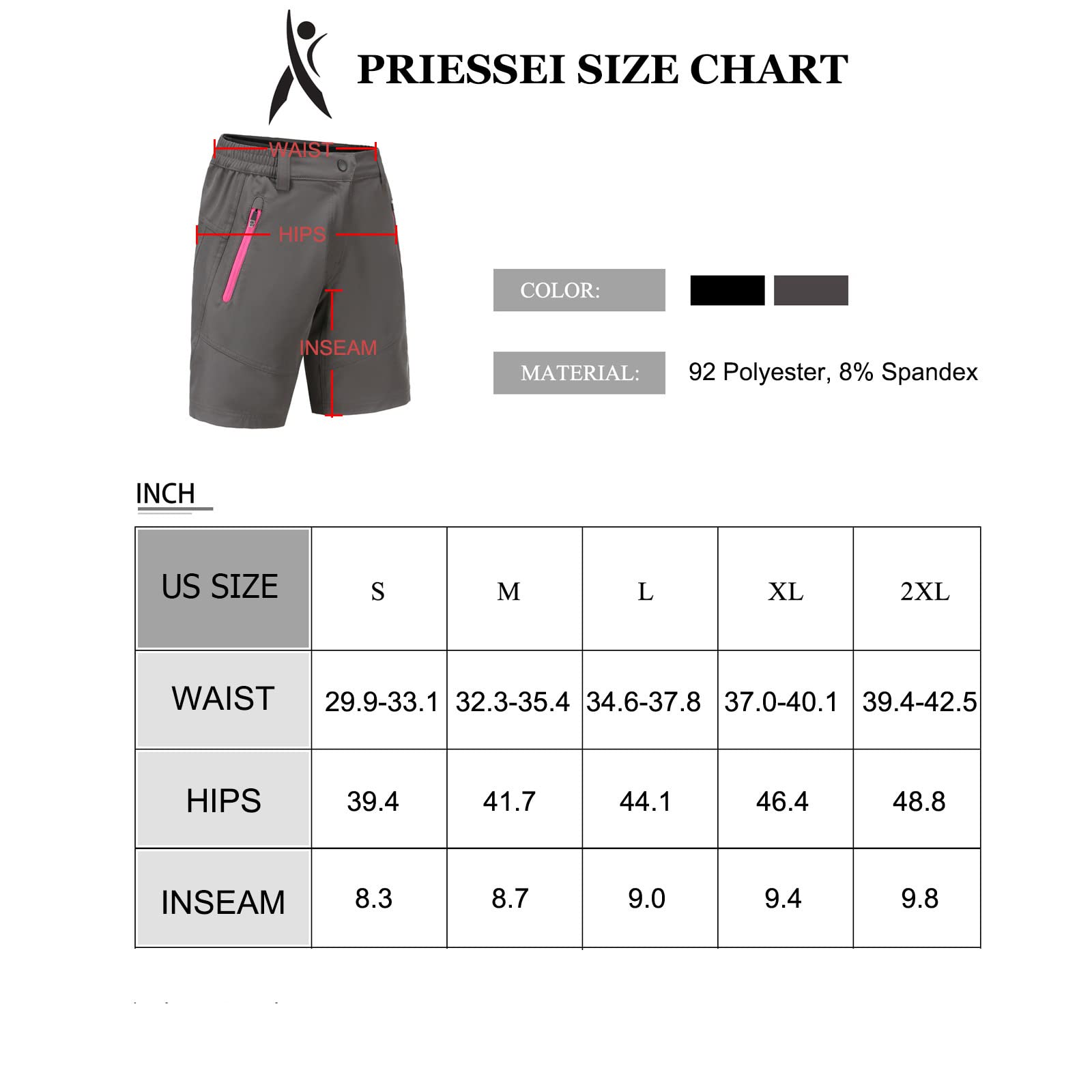 PRIESSEI Womens Bike Shorts with Padding, Detachable 3D Padded Breathable Biking Cycling Shorts with Pockets Grey M
