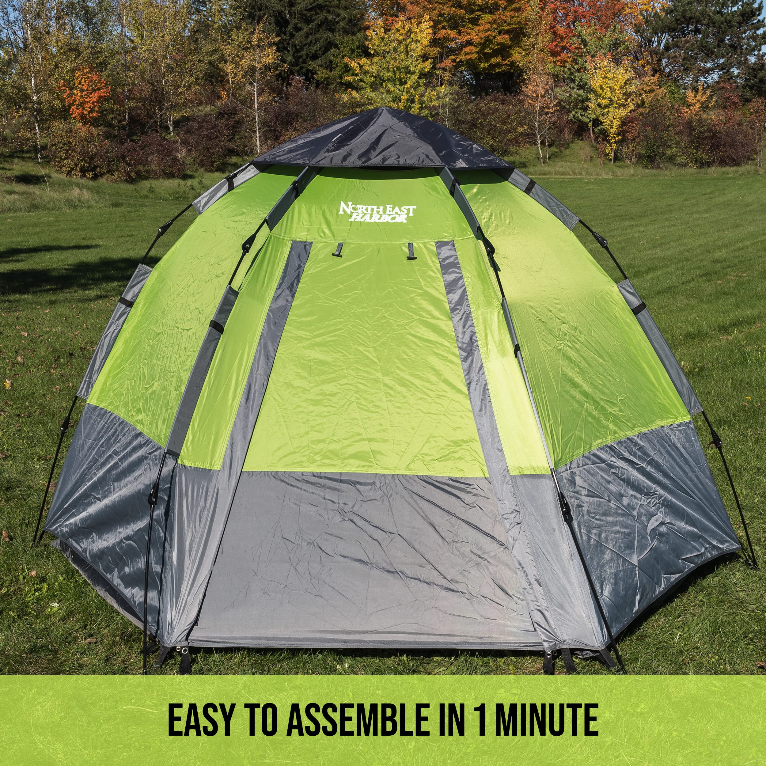 NEH 5 Person Instant Automatic Camping Tent Waterproof Double Layered Fabric, Portable Hexagon Tent with Carry Bag, Green, 8.9'L x 8.9'W x 5.25'H