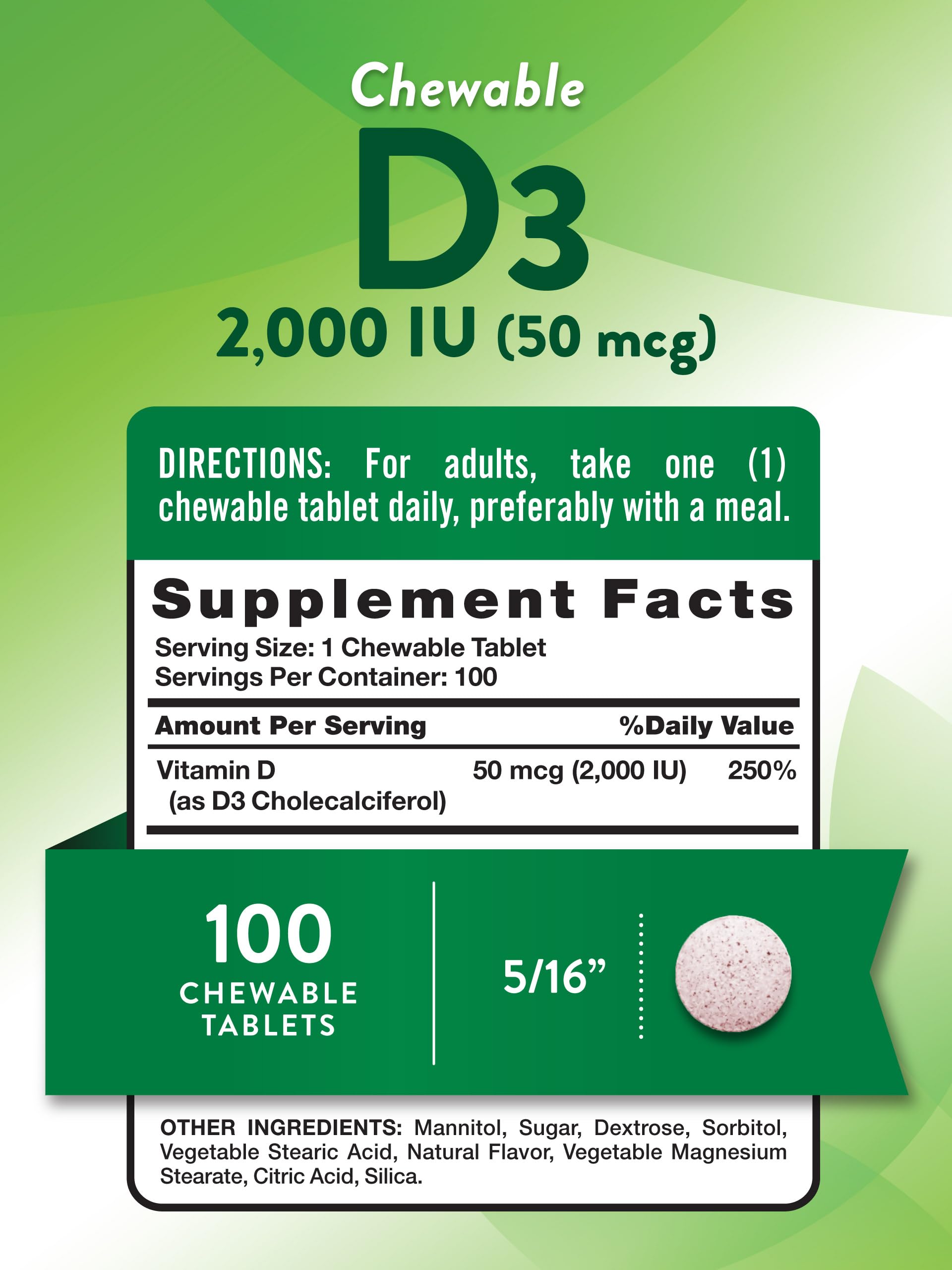 Nature's Truth Chewable Vitamin D3 2,000 IU | 100 Tablets | Berry Flavor | Vegetarian, Non-GMO, & Gluten Free Supplement
