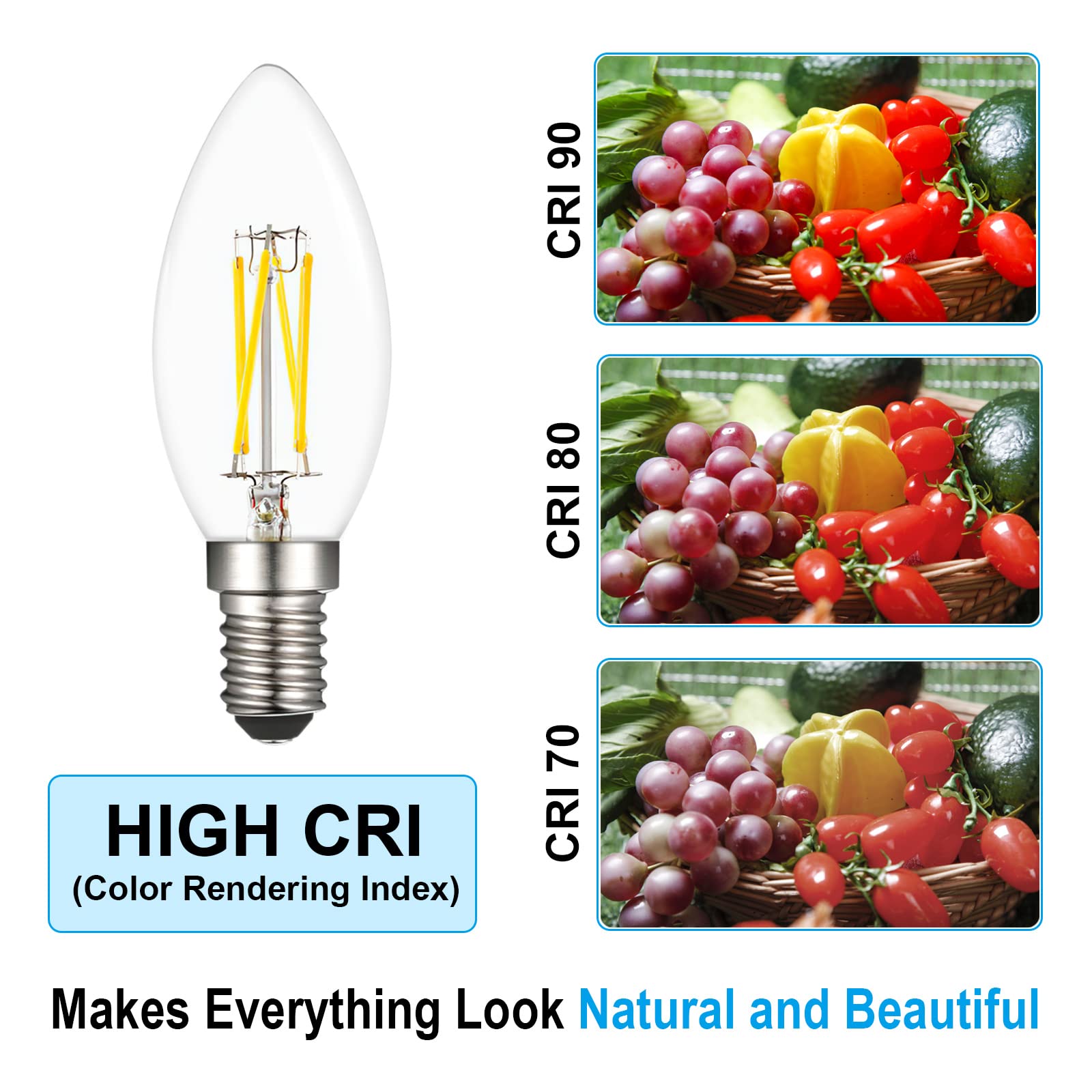 PRIFOREST E14 Dimmable LED Bulb , 40-Watt, 2700K, 110V-120V Equivalent Edison Daylight Warm E14 Base Bulbs, C35 Clear Glass Torpedo Shape Bullet Top (8-Pack)
