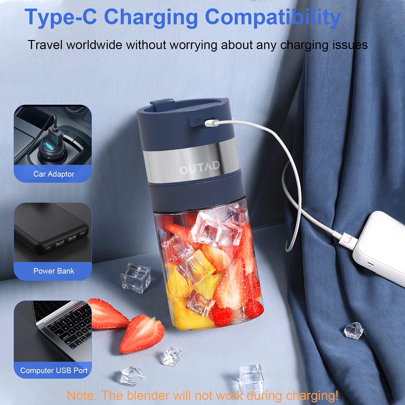OUTAD Navy Blue 15 Oz Portable Blender, USB Rechargeable, Ice Crushing, Smoothie Maker with 6 Blades, Safety Protection System