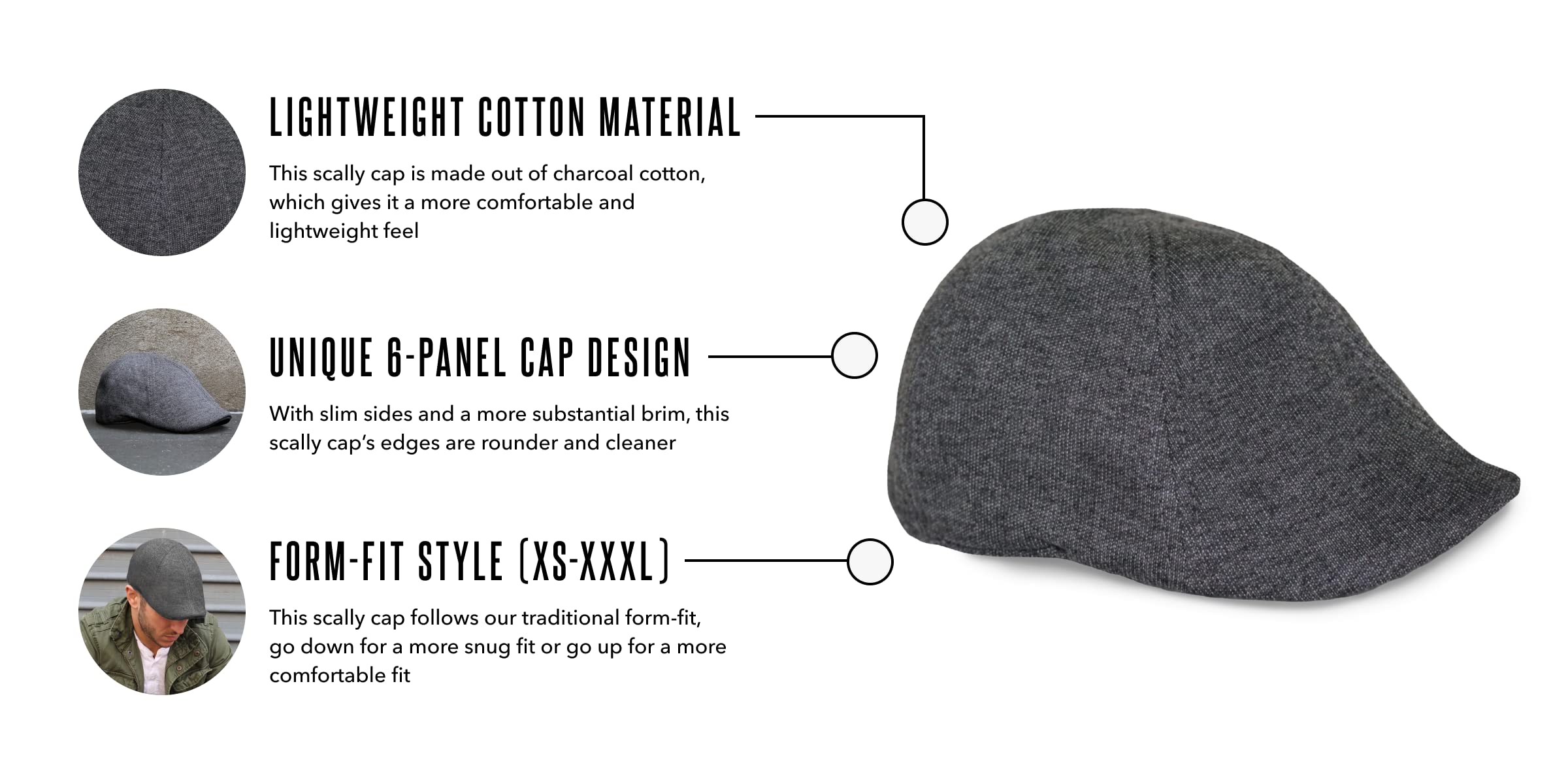 The Original Boston Scally Cap - The Scrapper Newsboy Flat Cap - 6 Panel Cotton Fitted Hat for Men - Charcoal - ML